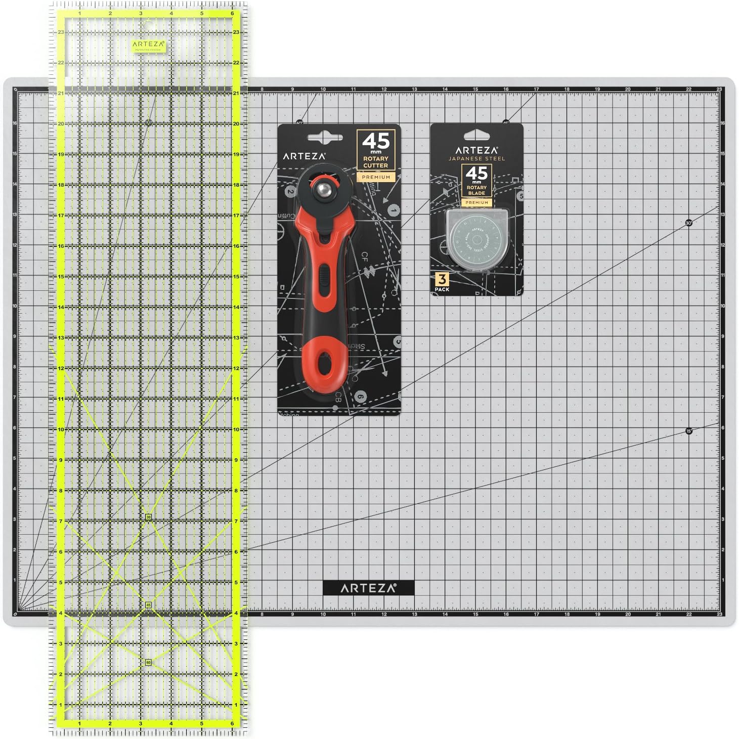 Amazon.com: Arteza Rotary Cutter Quilting Kit, Set of 4 (6.5X24 Ruler ...