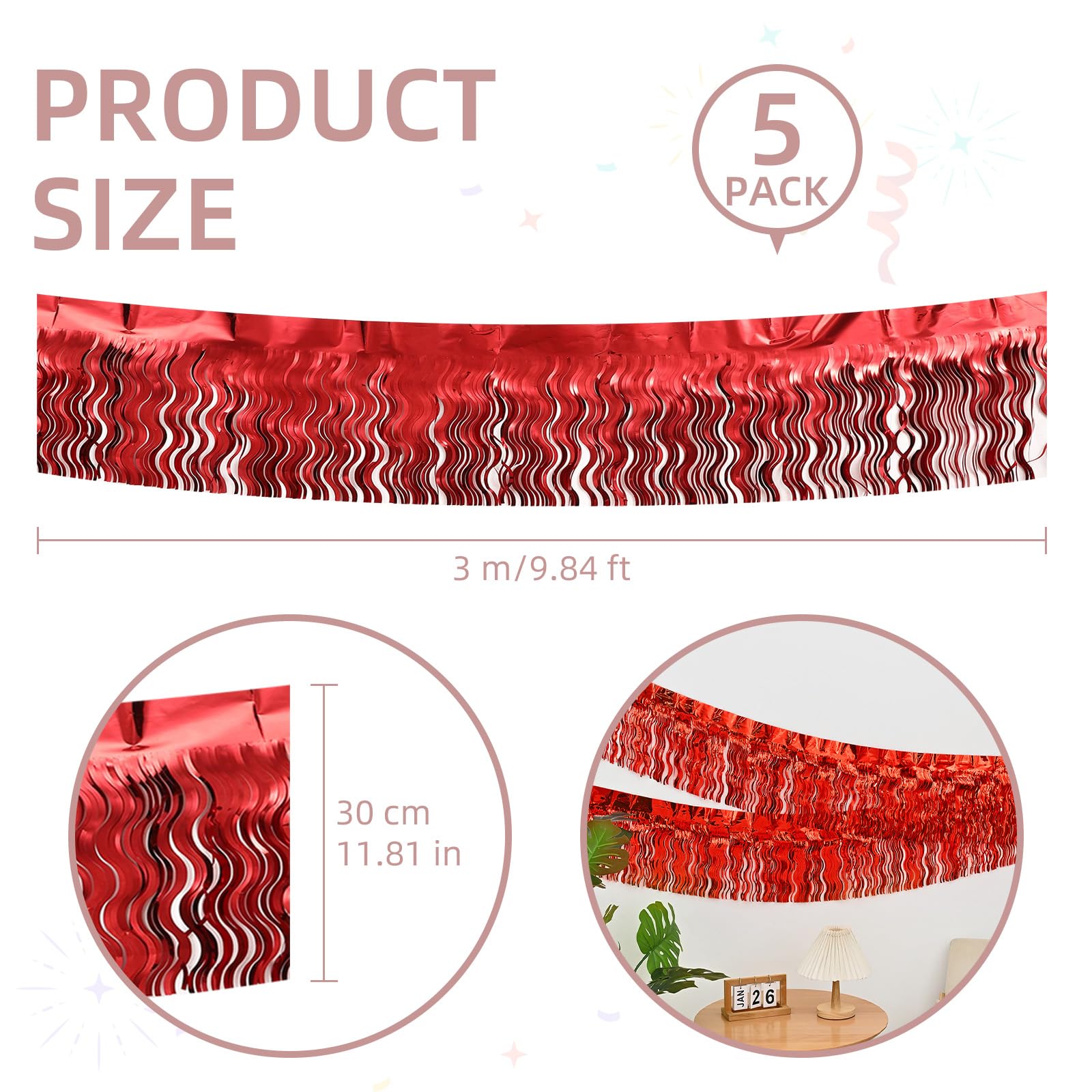 Snapklik.com : Ohiyoo 5 Pack 10 Feet Red Fringe Garland Wavy Foil ...