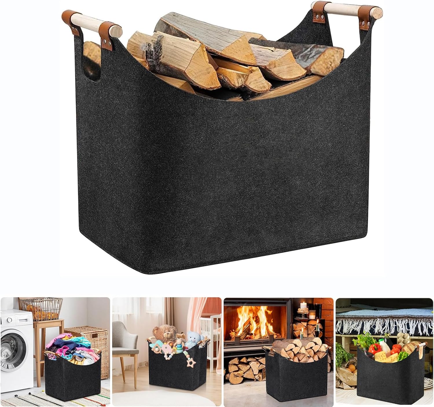 Extra Thick Foldable Firewood Bag with Wooden Handle for Indoor/Outdoor ...