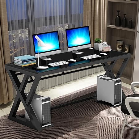 Amazon.com: Computer Desk Glass Top Metal Frame, 55.1" Home Office ...