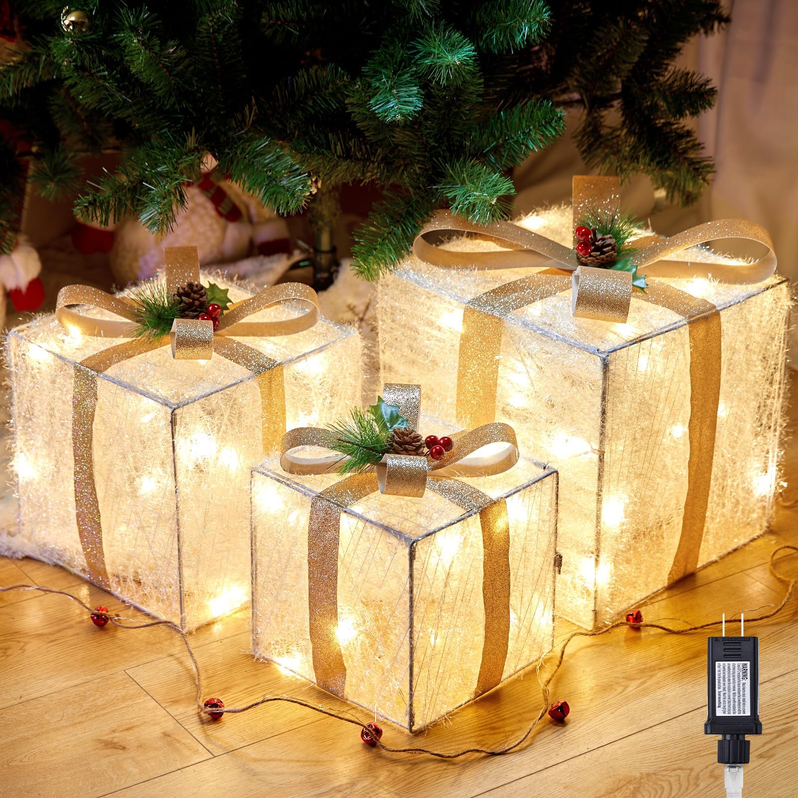 Amazon.com: 3pc Lighted Tinsel Boxes Presents Outdoor Christmas Decor ...