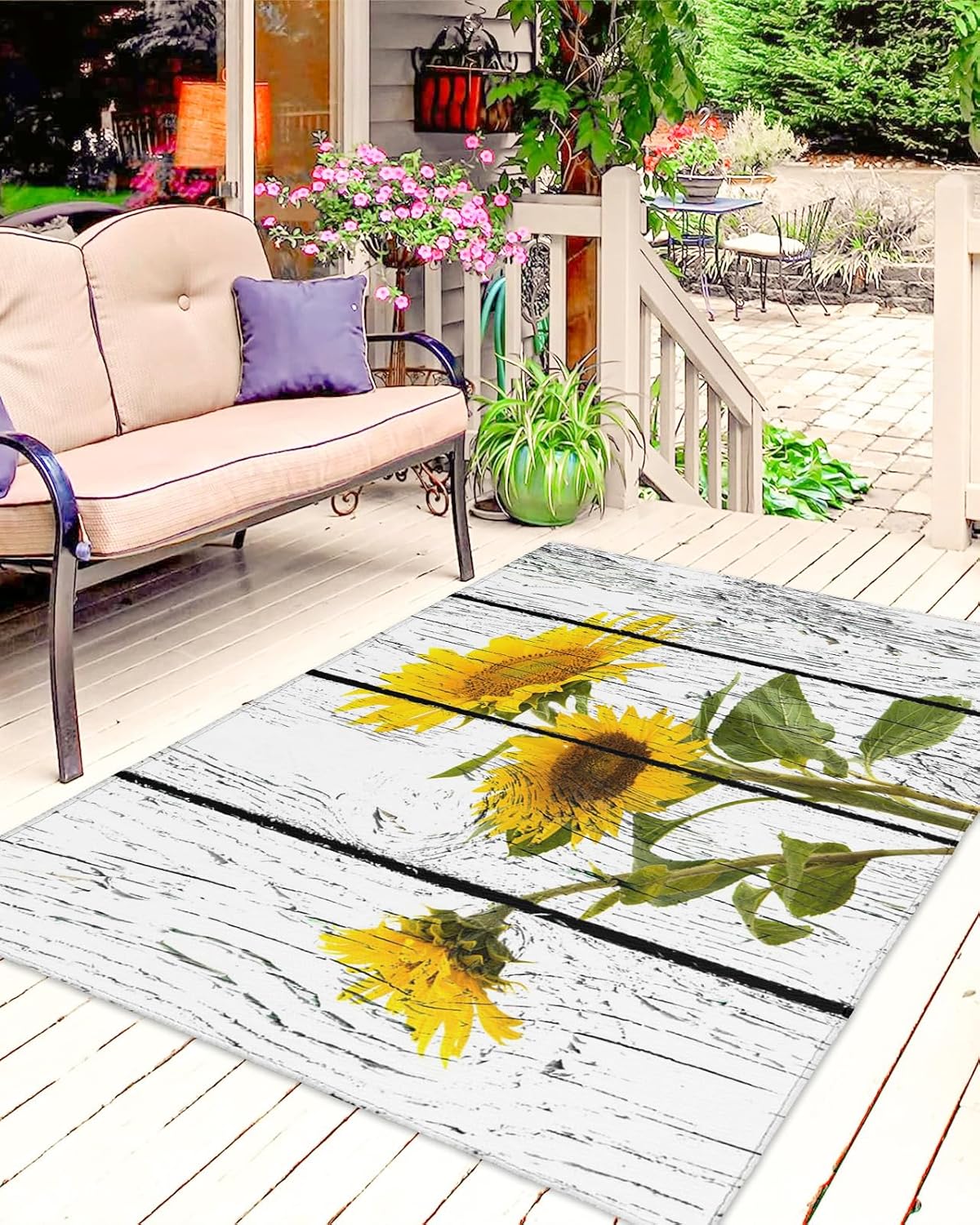 Amazon.com: Outdoor Patio Rugs Yellow Sunflowers on Rustic Wooden ...
