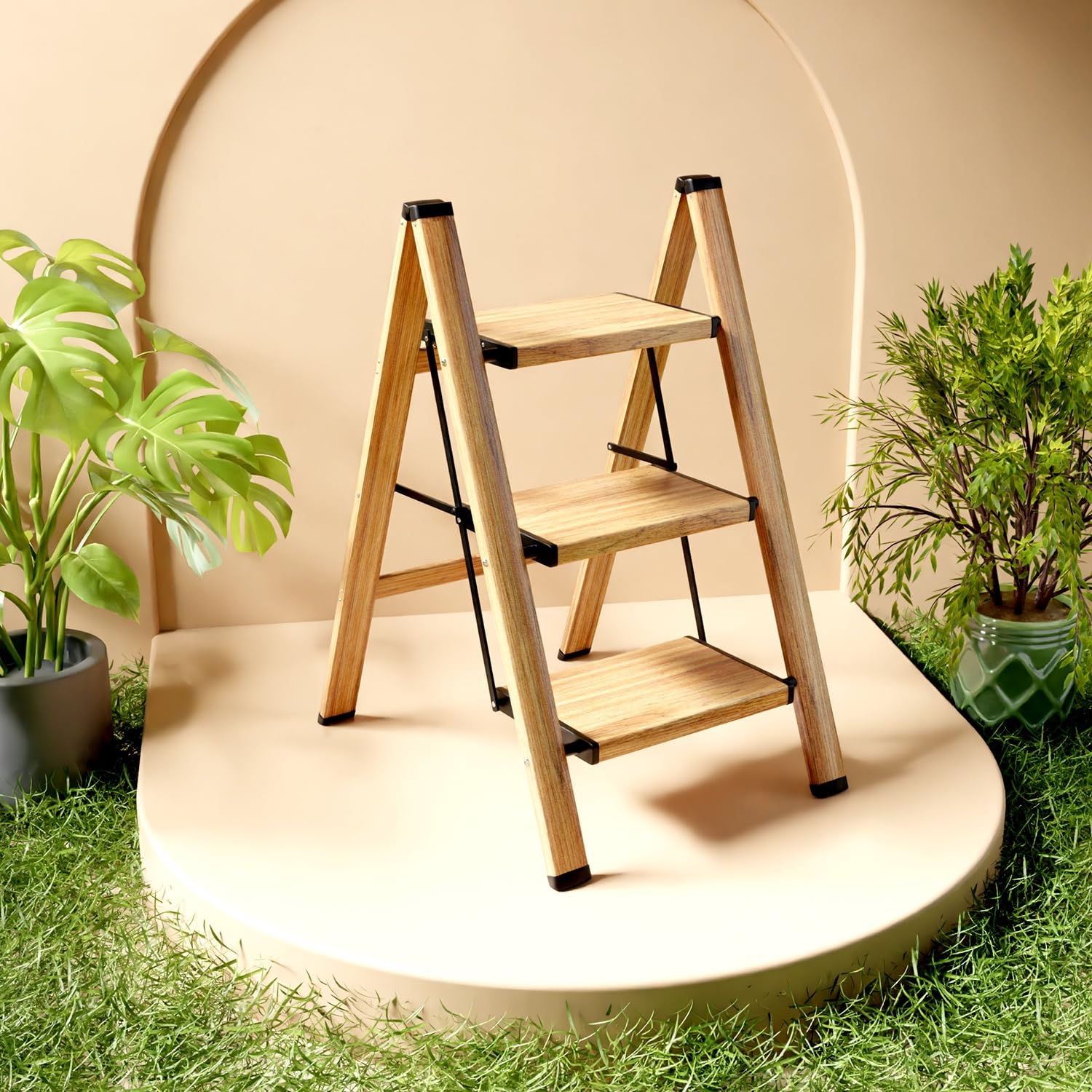 Lifelong 3 Steps Ladder For Home Wooden Finish Coating Foldable ...