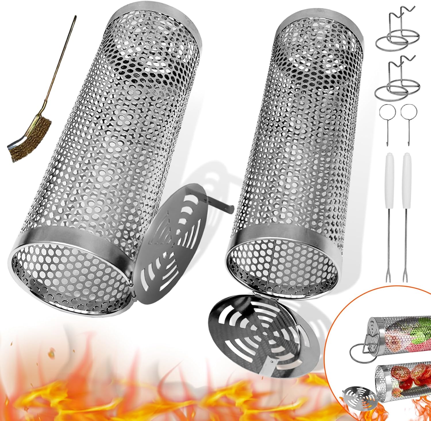 Amazon.com: 2 Pack Rolling Grilling Baskets for Outdoor Grilling ...