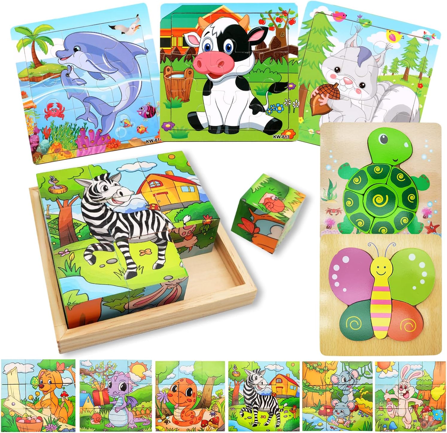 Montessori STEM Wooden Animal Puzzle Set for Toddlers 1-3-6 Years Old ...