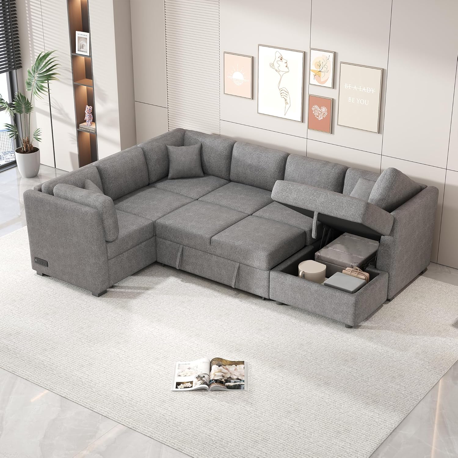 Amazon.com: LUMISOL U-Shaped Sectional Sofa Pull Out Sofa Bed with 2 USB Ports & 2 Power Sockets ...