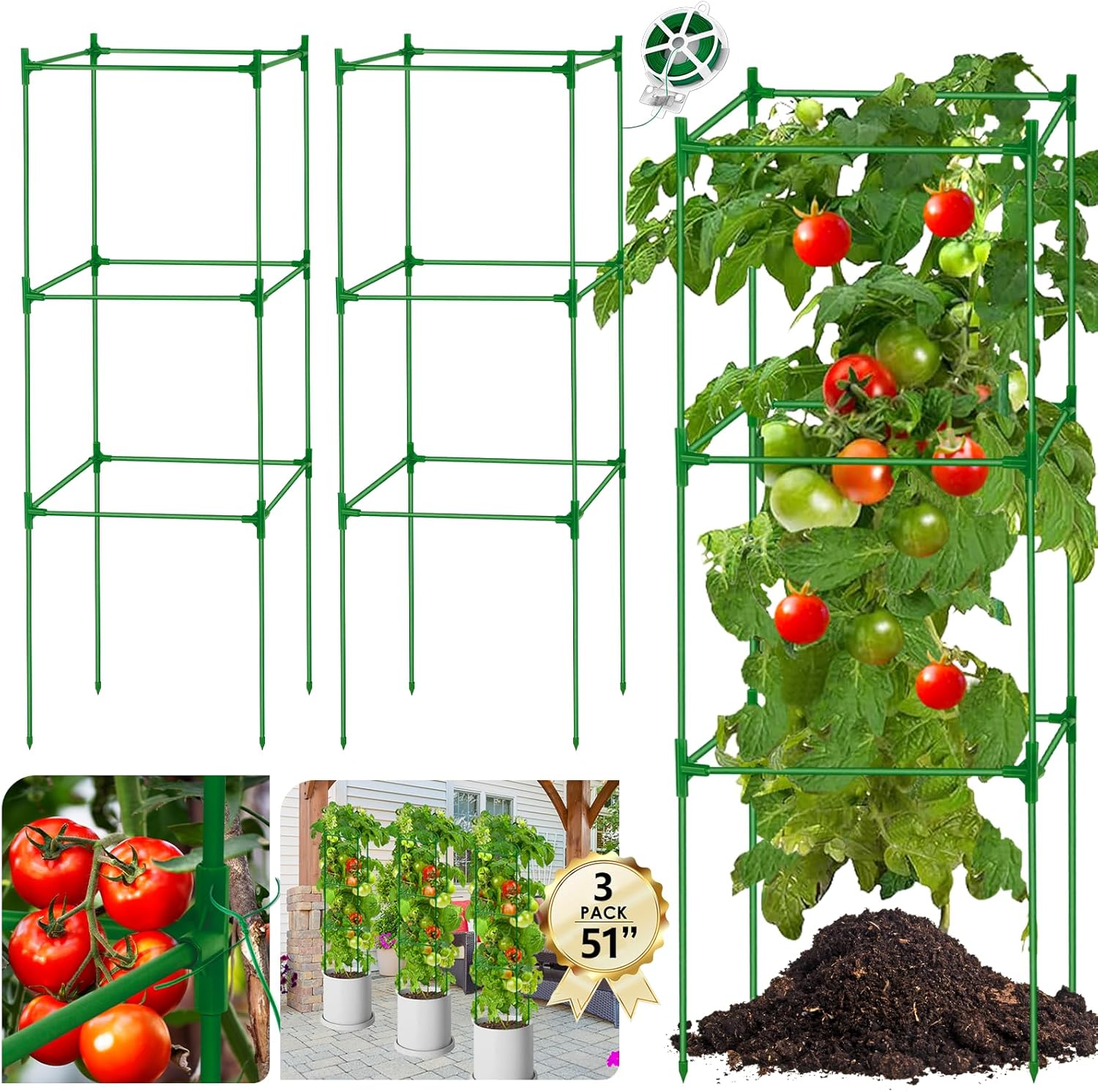 Tomato Cages Square for Garden 3 Packs - Heavy Duty Steel Tomatoes Cage ...