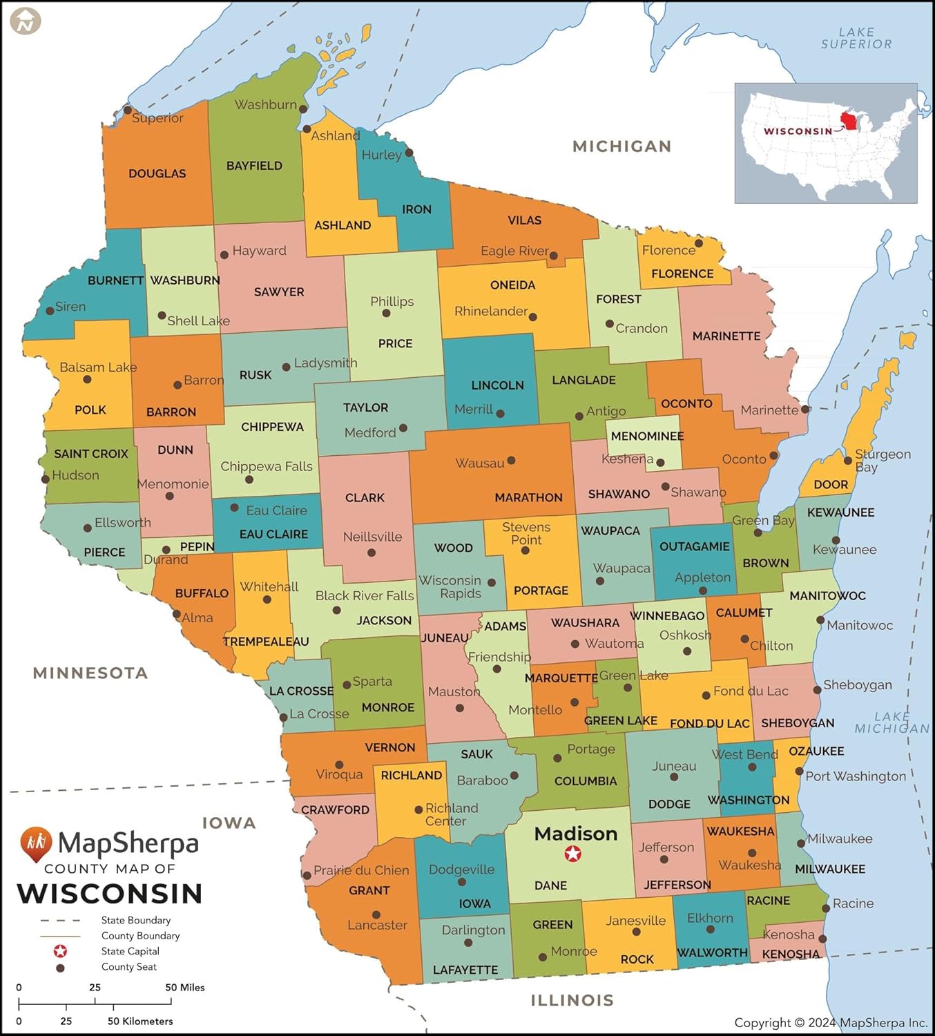 Amazon.com : Wisconsin Counties Map - Standard - 40 x 36 inches - Front ...