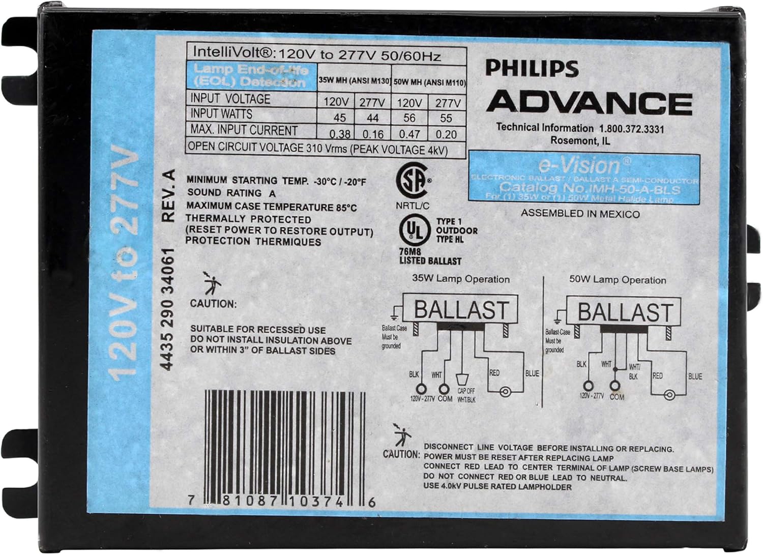 Advance IMH-50-A-BLS Electronic MH Metal Halide Ballast, 1-Lamp, 35W ...
