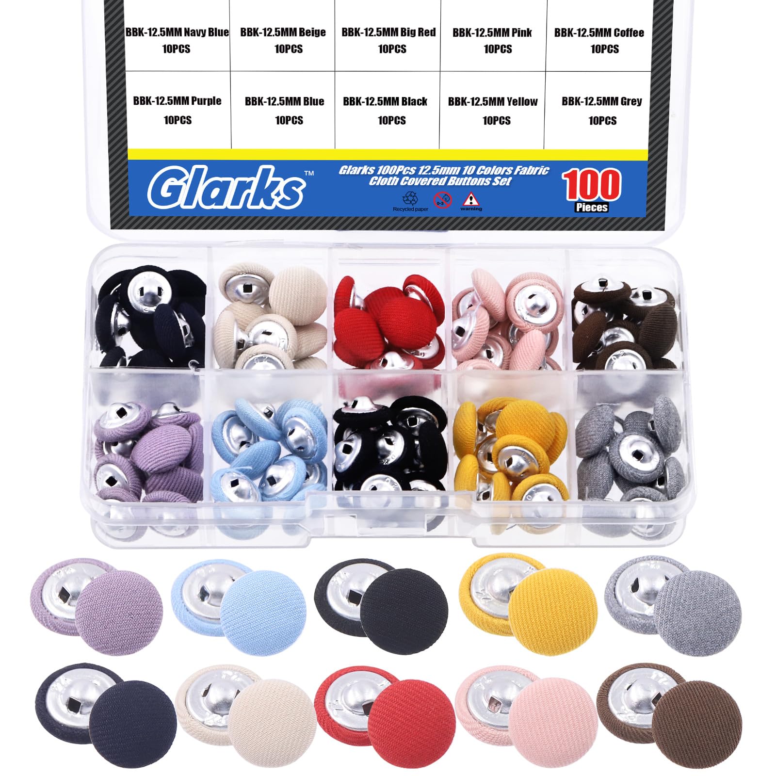 Glarks 100Pcs 10 Colors Fabric Cloth Covered Buttons Set, Metal Shank ...