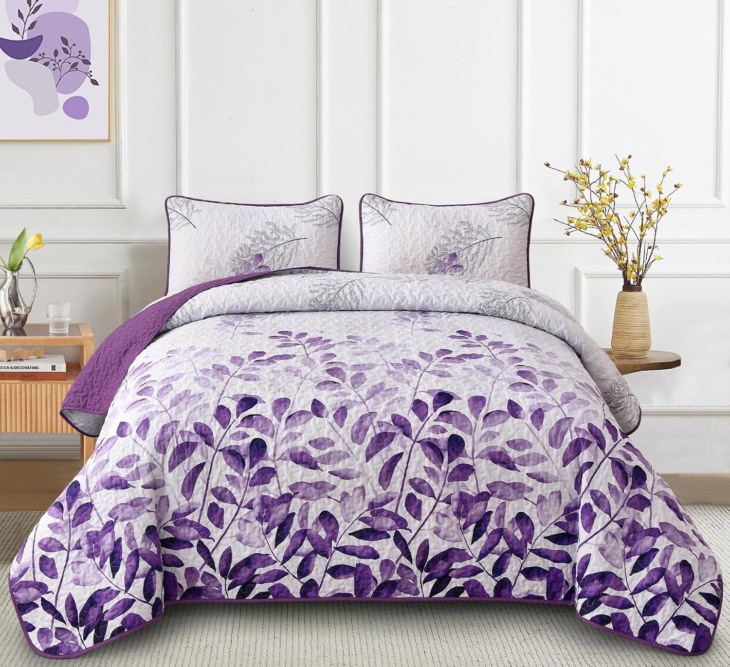 Amazon.com: WONGS BEDDING Floral Quilt Set King Size,3 Pieces Purple ...