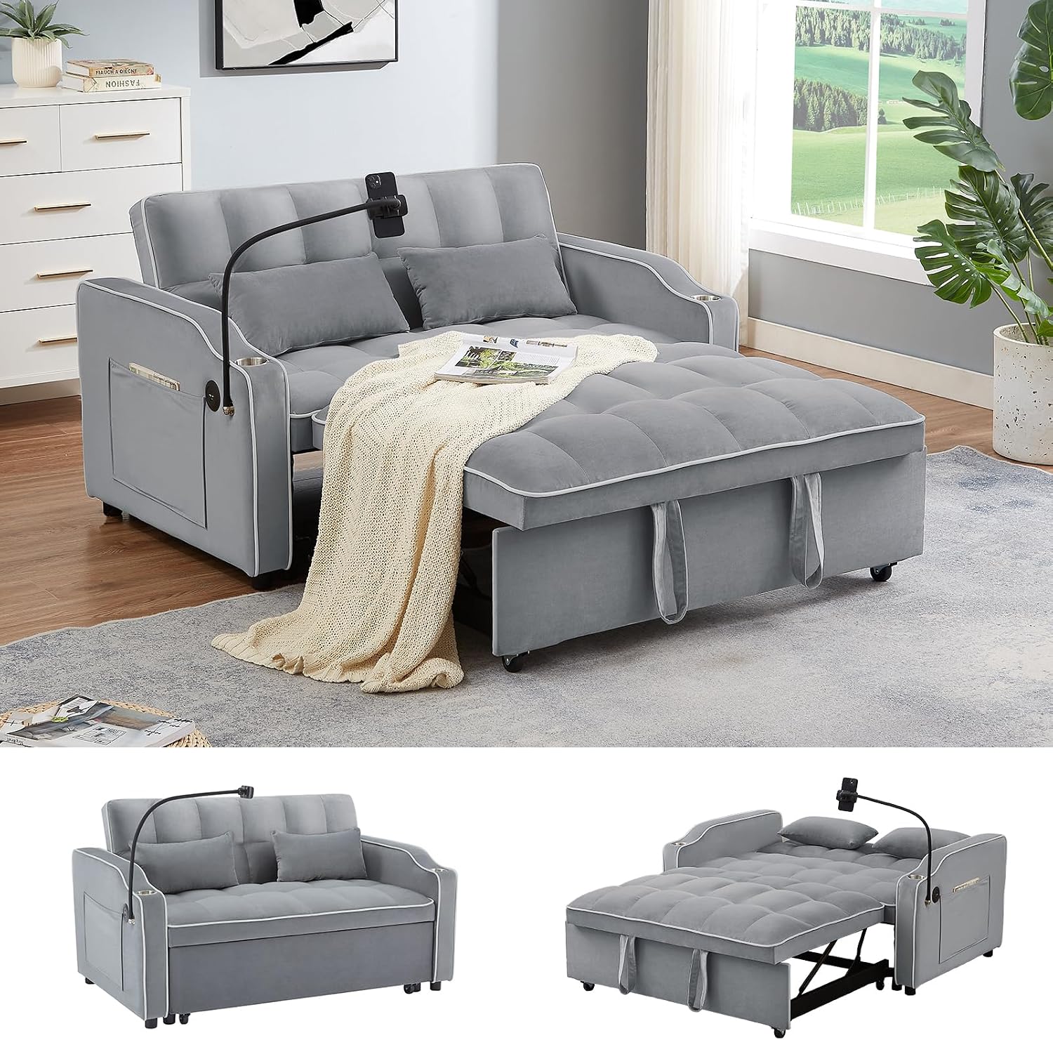 Amazon.com: Keainvren Sleeper Sofa with Pocket Velvet Pull Out Sofa Bed ...