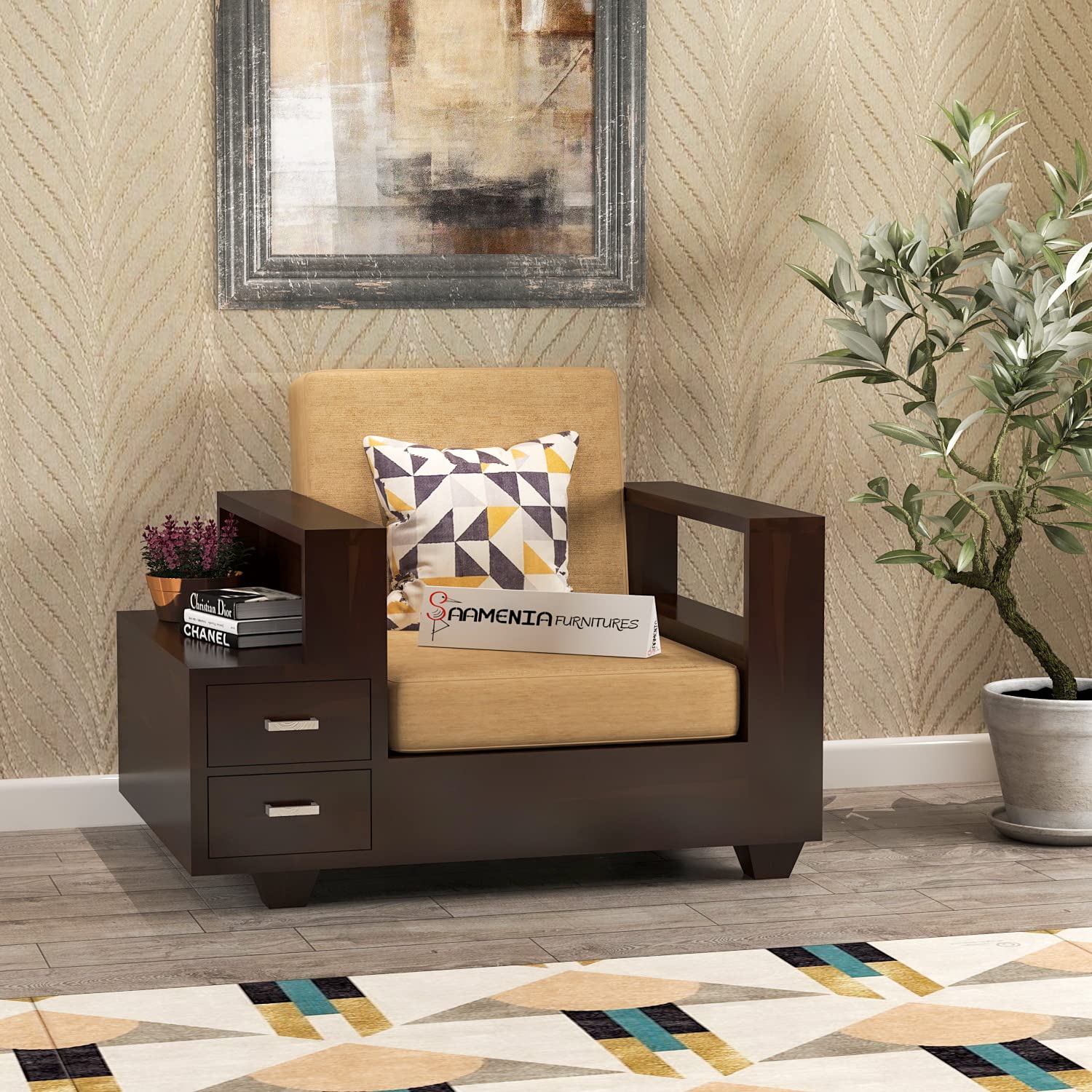 FURNESHO Sheesham Wood Single Seater Sofa Set with 2 Drawer Wooden Sofa ...