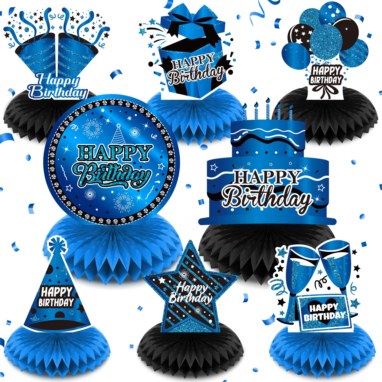 Amazon.com: 8Pcs Blue Birthday Decorations Blue and Black Happy ...