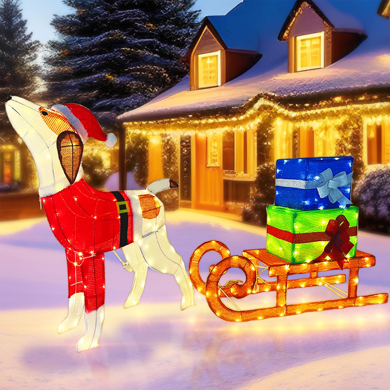 Eachbid 5.3x2.7 Ft Lighted Christmas Dog with Sleigh & Boxes ...