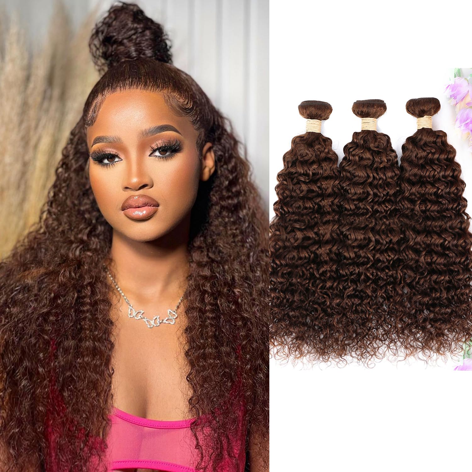 Amazon.com : ALLRUN Brown Human Hair Bundles Curly 3 Bundles Curly Hair ...