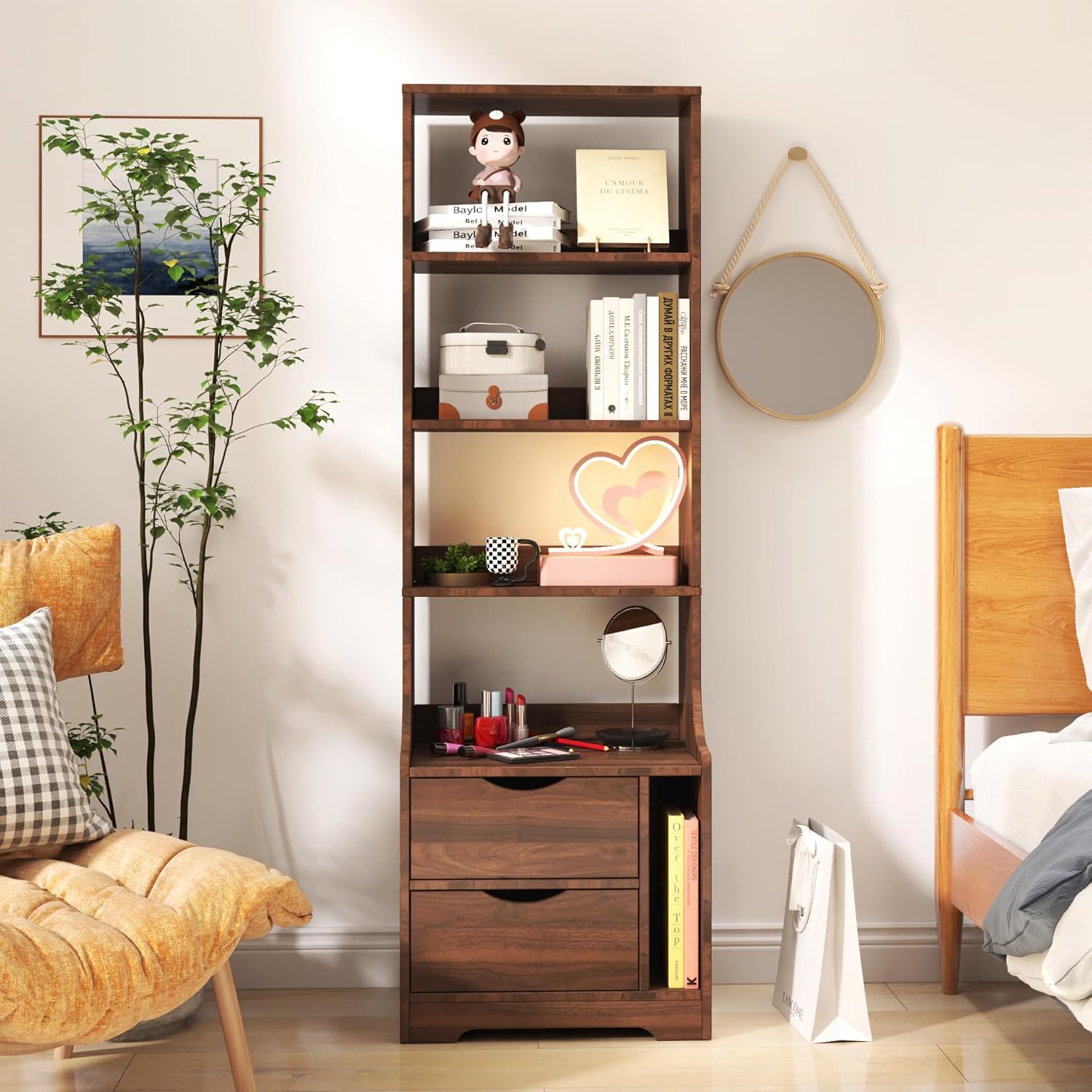 Amazon.com: GOAWGO 58" Tall Modern Nightstand with Bookshelf Combo | 2 ...