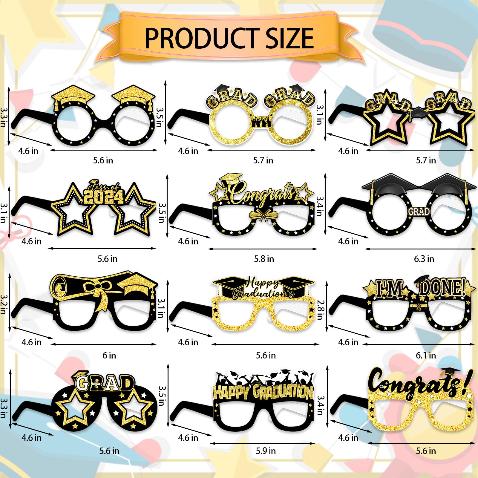 Snapklik.com : 12Pcs Graduation Eyeglasses, Black Gold Graduation ...