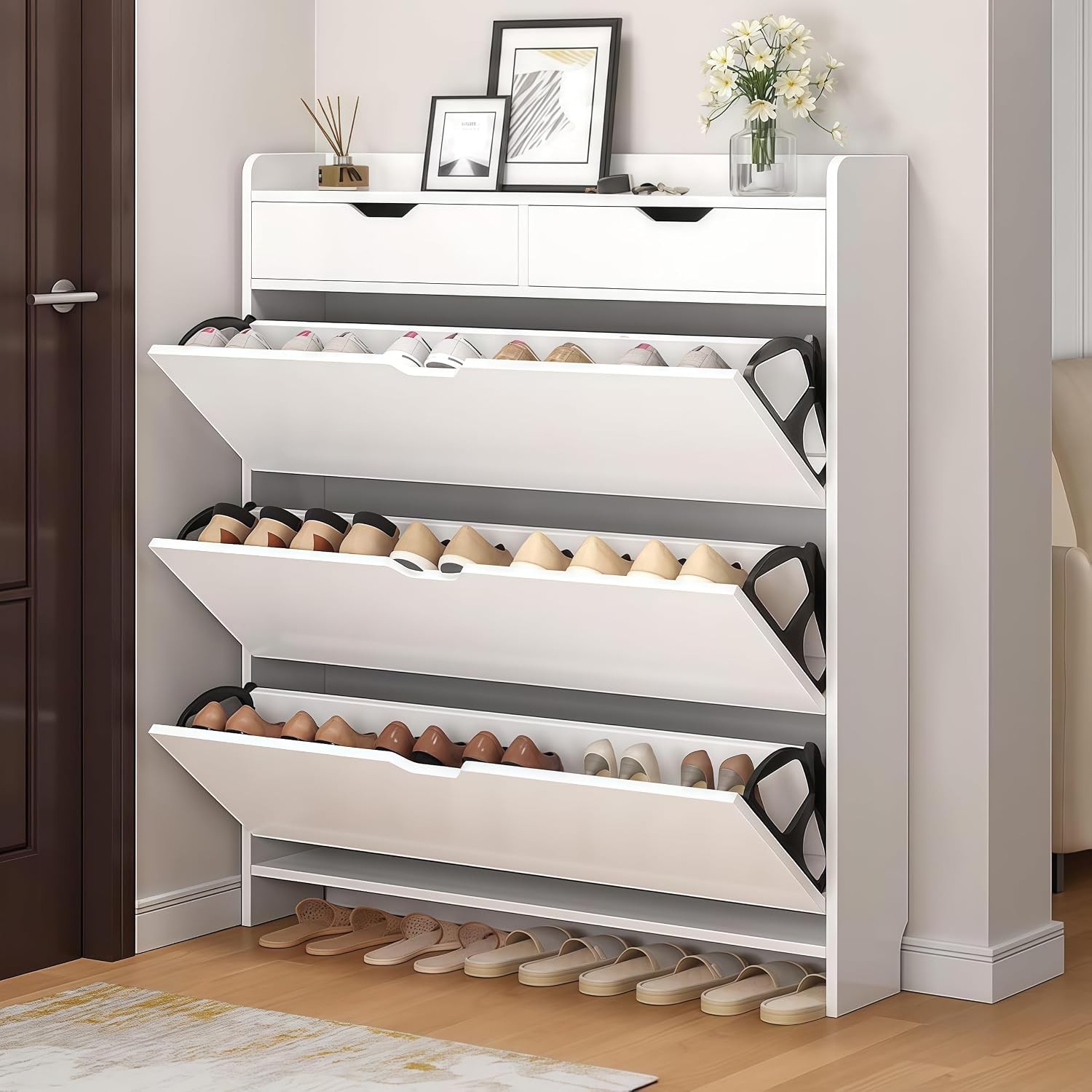 LEDIN Shoe Storage Cabinet with 3 Flip Drawers, Hidden Slim Narrow Shoe ...