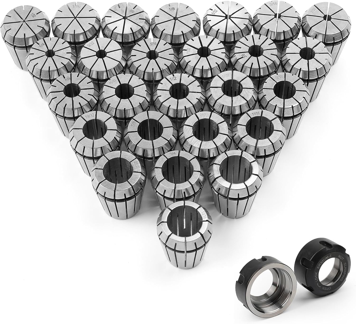 Aothotop 28 Pcs ER32 Spring Collet Set, 26 Collets + 2 Clamping Nuts ...