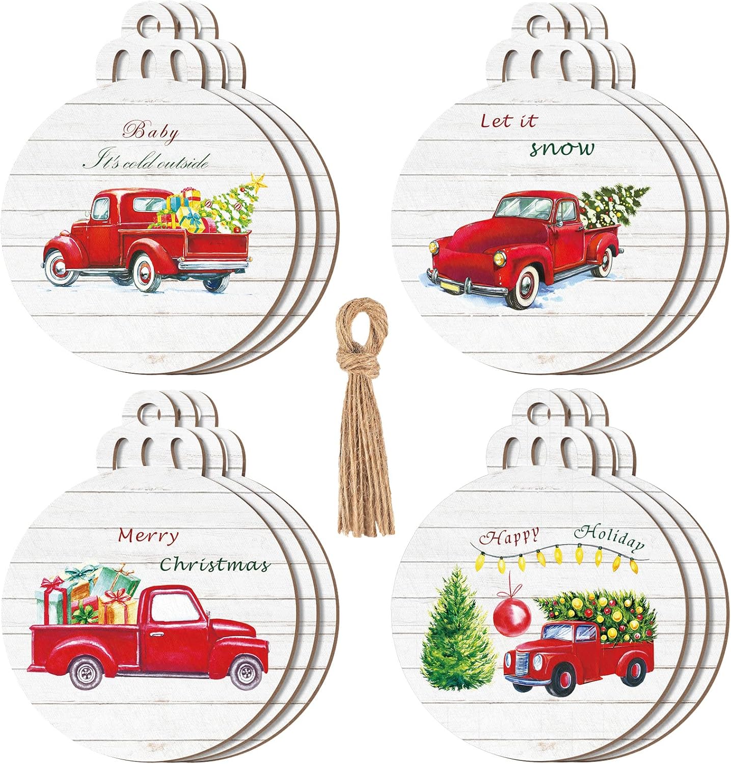 Christmas Red Truck Tree Ornaments Buffalo Plaid Round Wooden Slice ...
