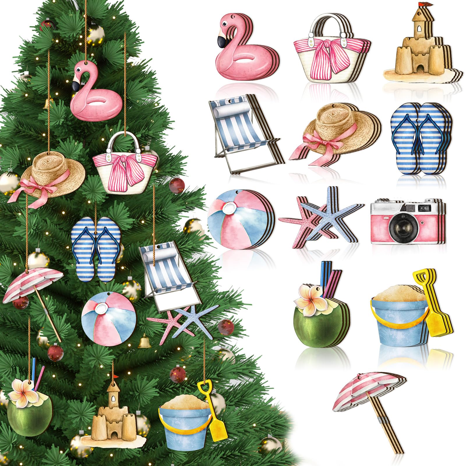 Amazon.com: Maitys 36 Pcs Ocean Beach Wooden Ornaments Summer Tree ...