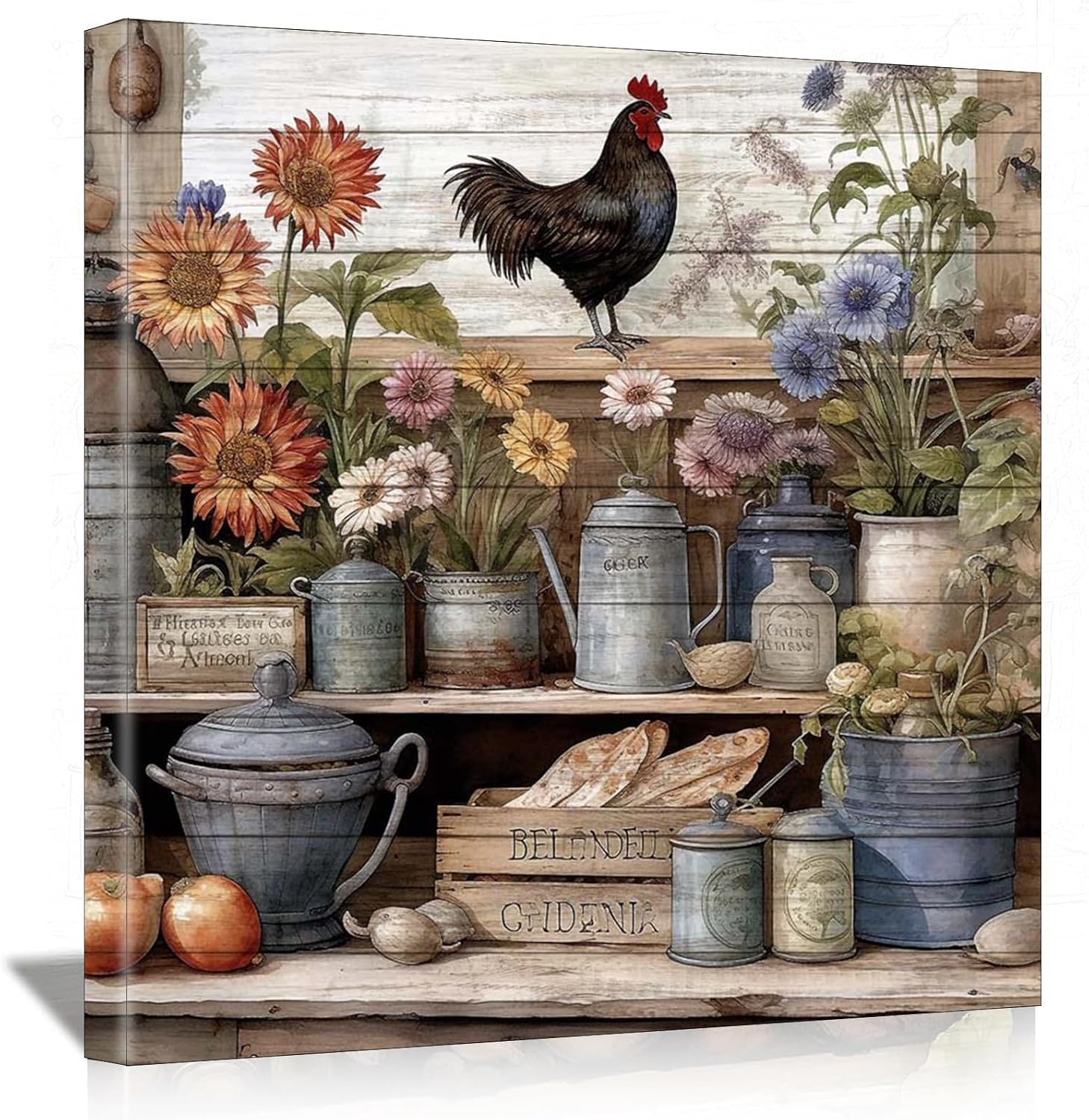 Amazon.com: Framed Chicken Wall Art 16x16 Inch Rooster on Flower Stand ...