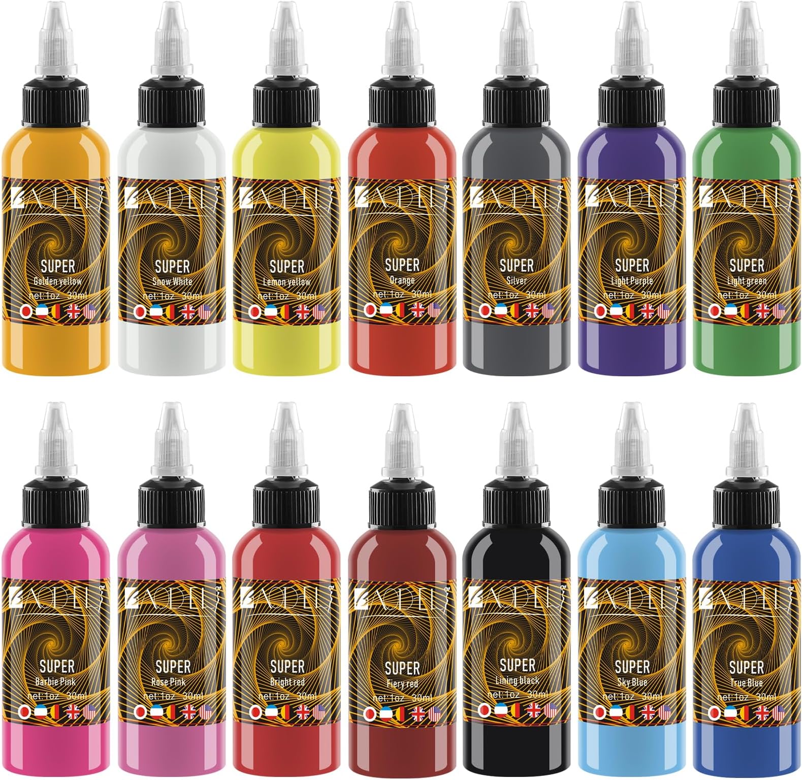 Tattoo Ink Set-14 Basic Colors 1oz/30ml Bottles for Tattooing Supplies ...
