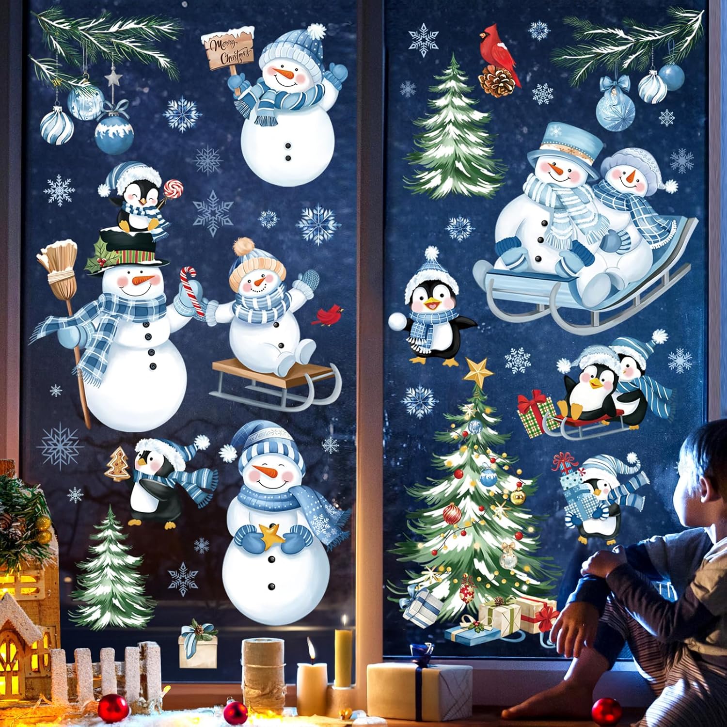 Amazon.com: decalmile Christmas Blue Winter Snowman Penguin Window ...