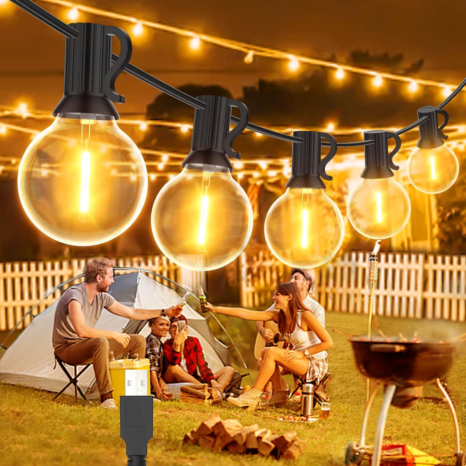 IKERY USB Garden String Light, 7.6M/25FT Warm White 12 COB Globe Bulbs ...