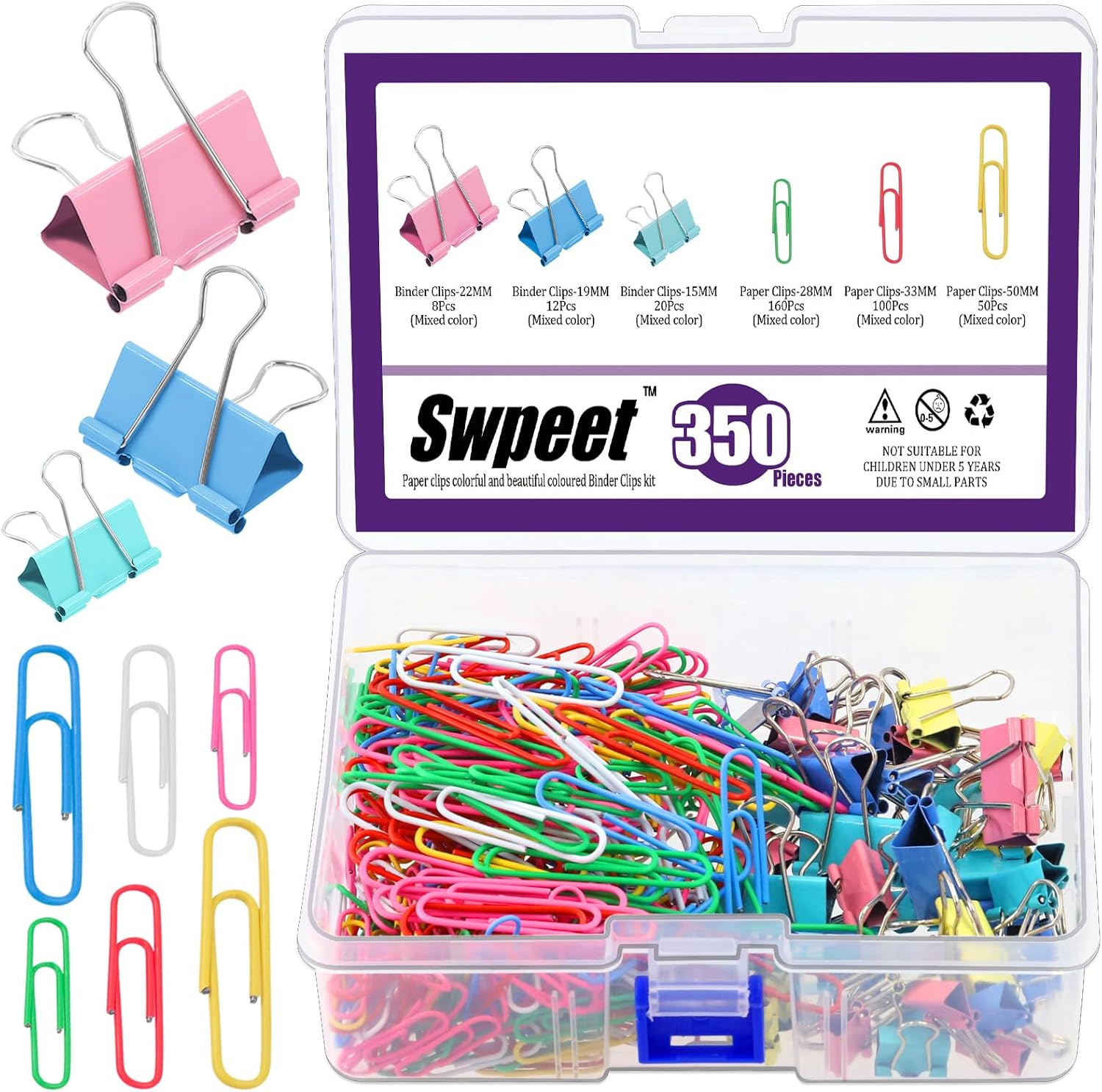 Swpeet 350Pcs Colorful Paper Clips and Binder Clips Set, Binders ...