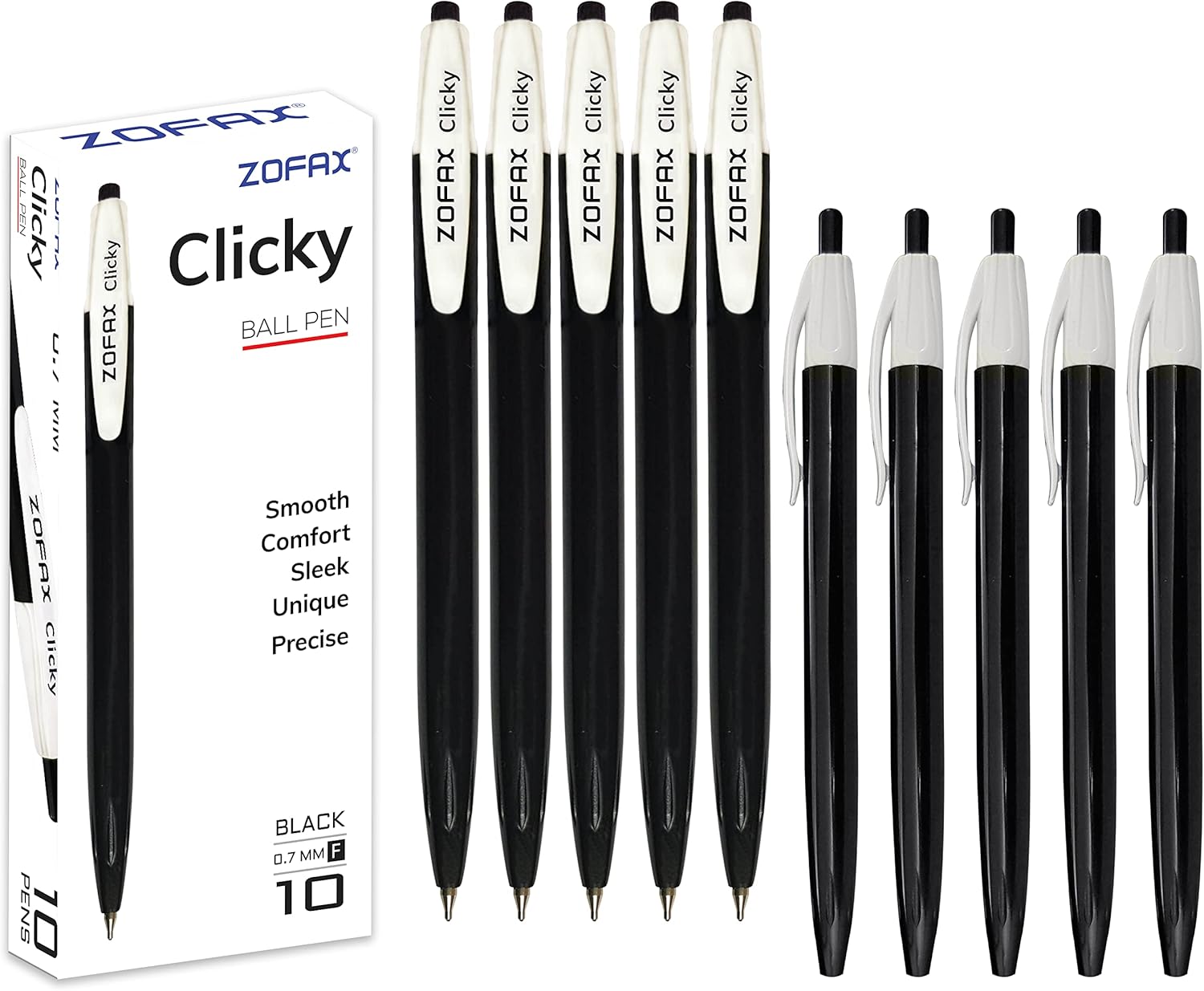 ZOFAX Clicky 10 x 0.7mm BLACK Retractable Fine Ballpoint Pens Comfort ...