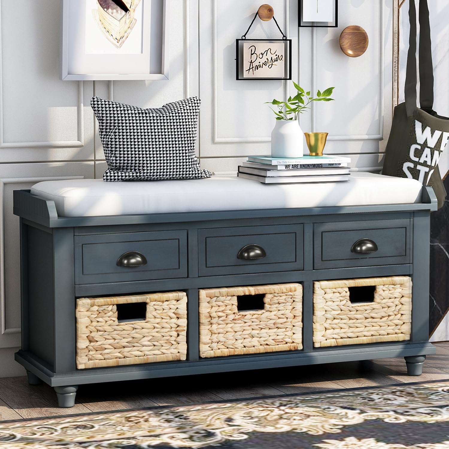 Amazon.com: Amposei Farmhouse Rustic Wood Storage Bench with Drawers ...