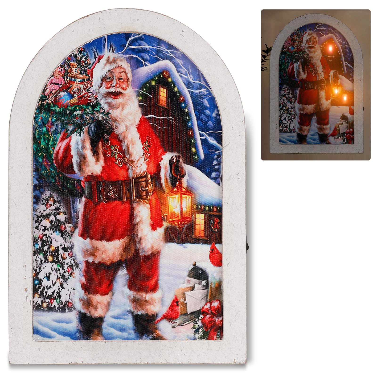 Christmas Santa Claus Wall Art Prints, Wooden Framed Lighted Xmas Print ...