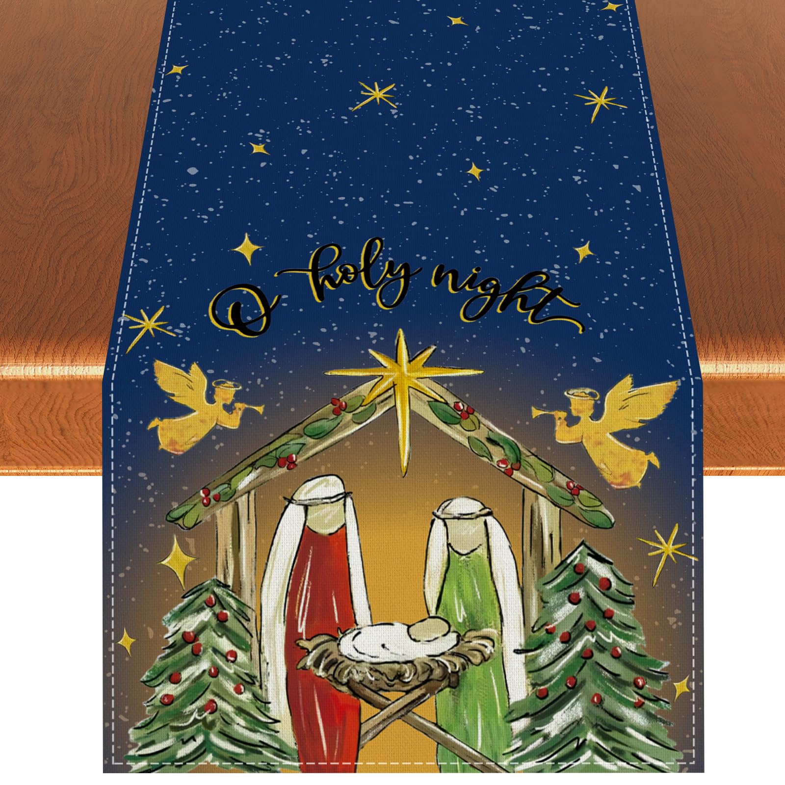 Amazon.com: Linen Blue Christmas Nativity Table Runner Holy Nativity ...