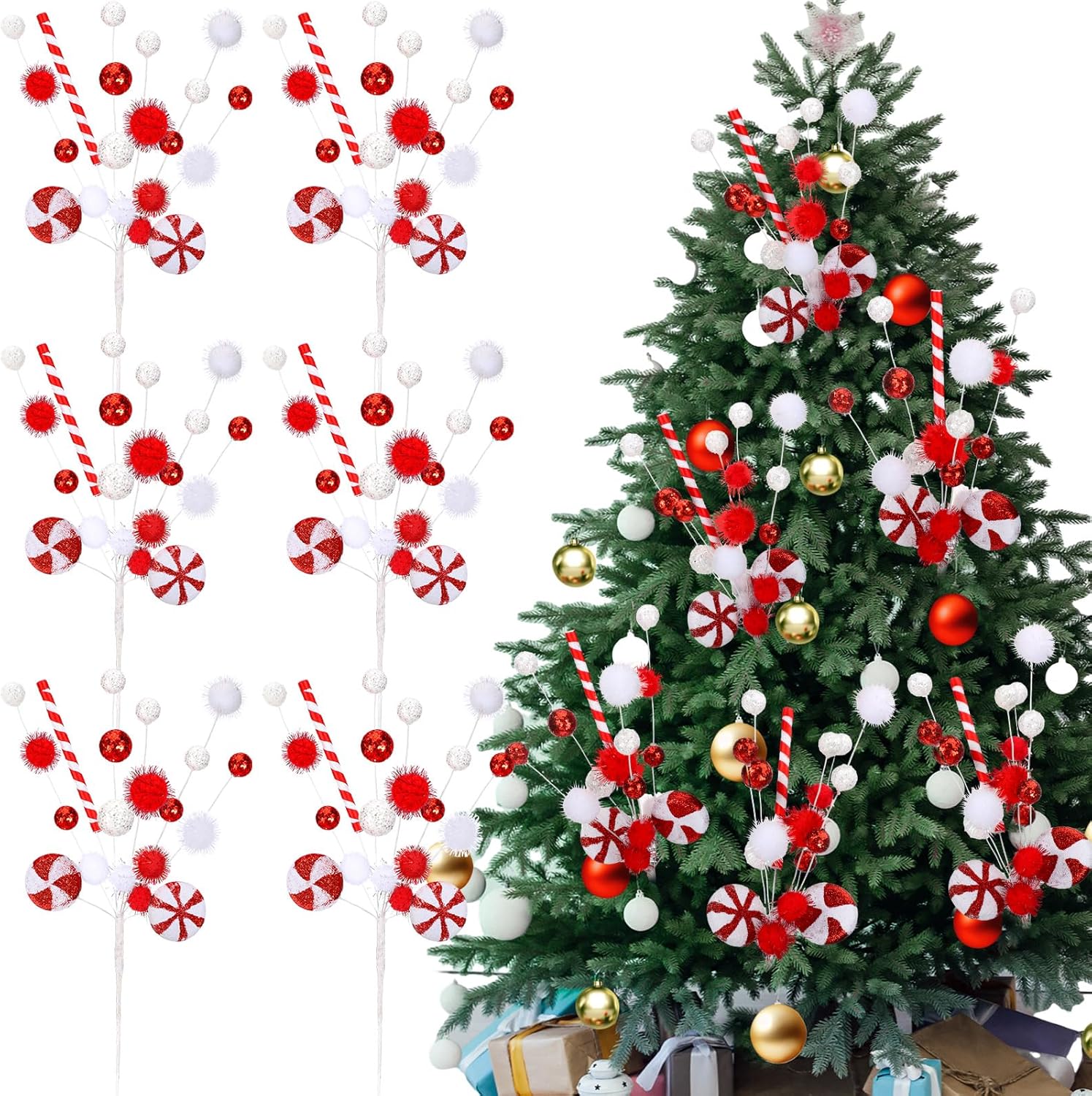 Amazon.com: Leyndo 6 Pcs Red and White Christmas Tree Picks Decoration ...