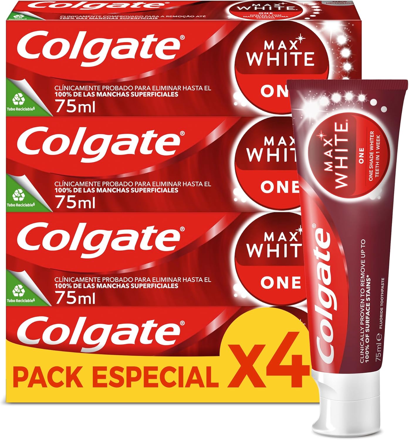 Colgate Max White One Pasta de Dientes Blanqueadora, Pack 4 Uds x 75ml ...