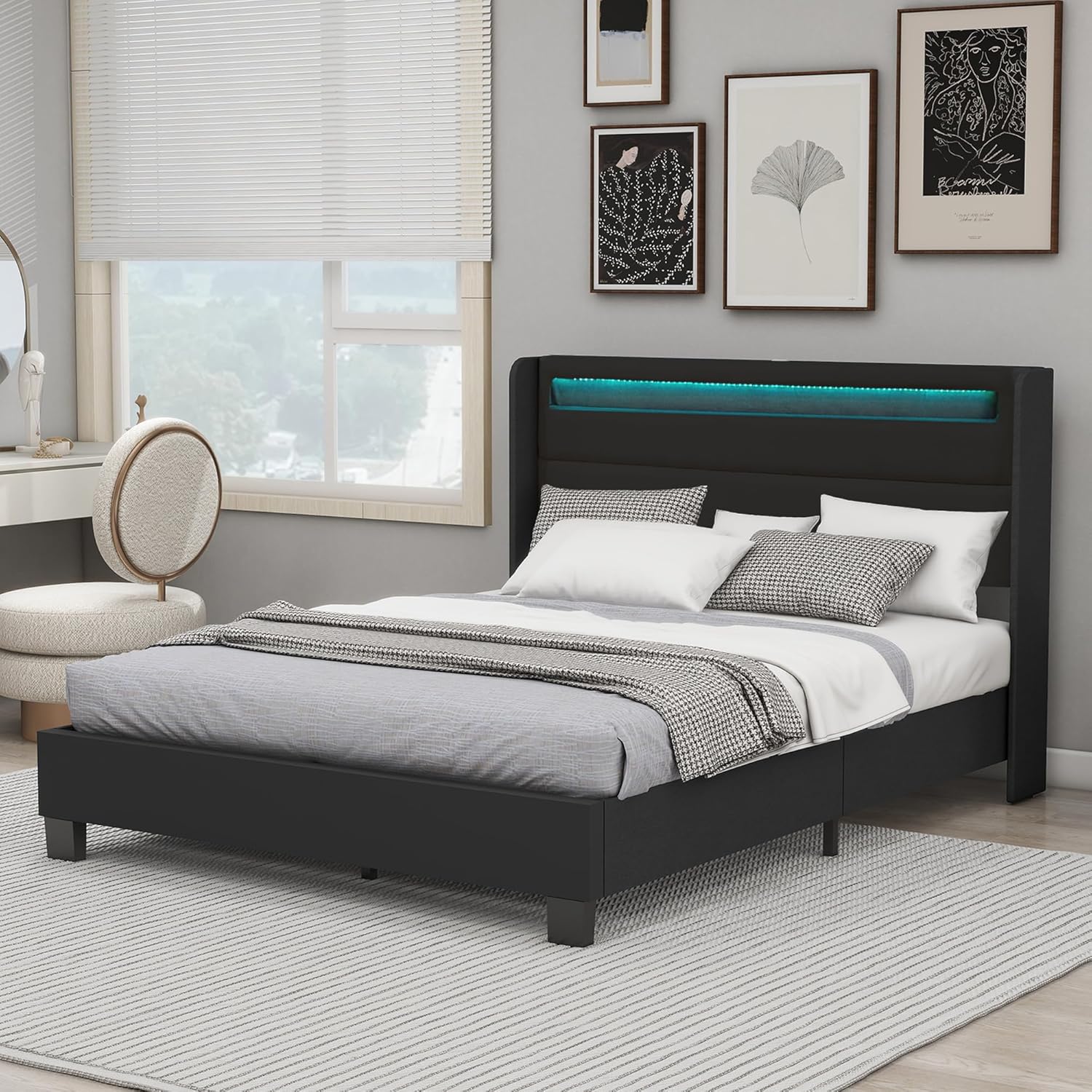 Amazon.com: alazyhome Queen Size Bed Frame with LED Lights and Linen ...