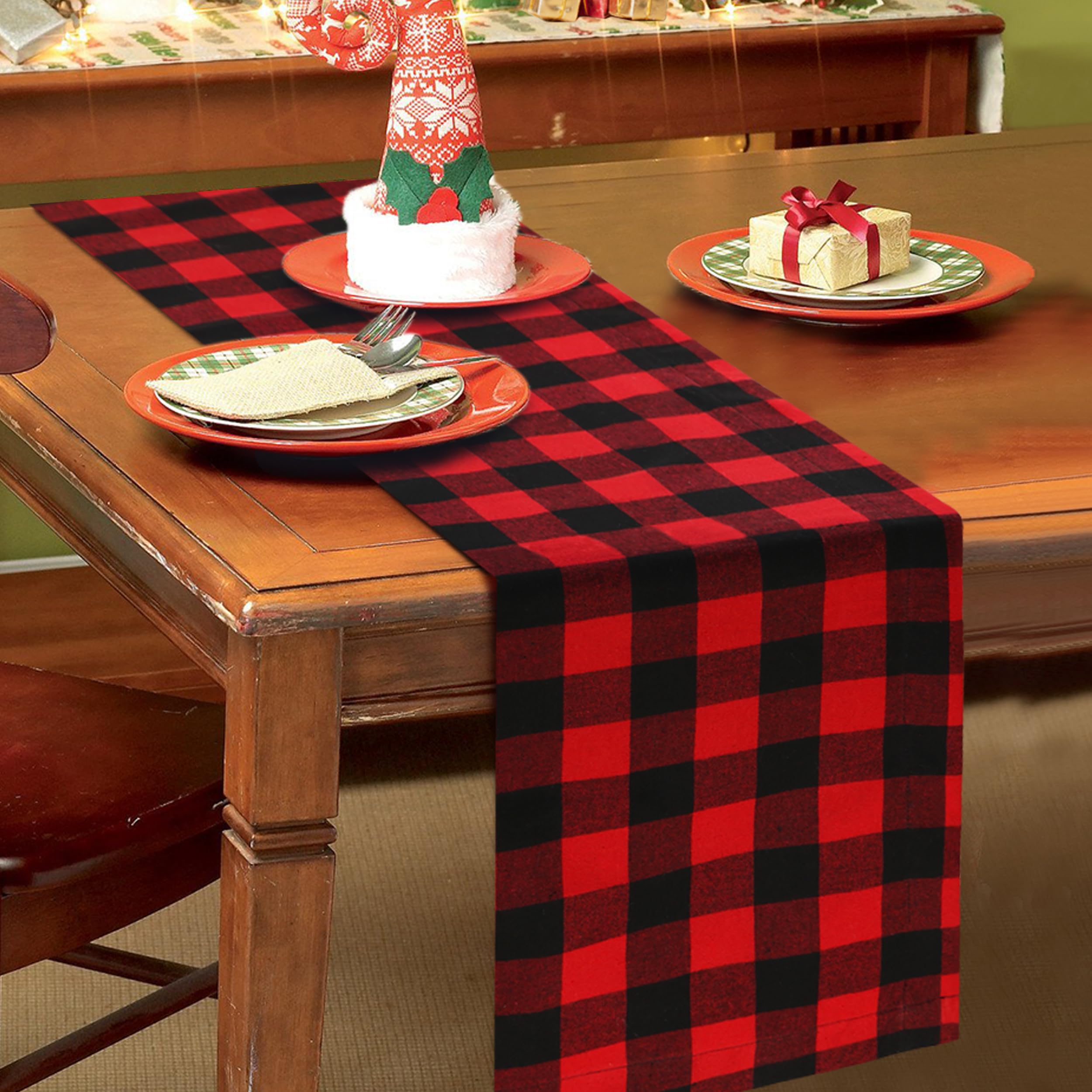 RNOONY Plaid Table Runner 14x72 Inch Red & Black Checkered Table Runner ...