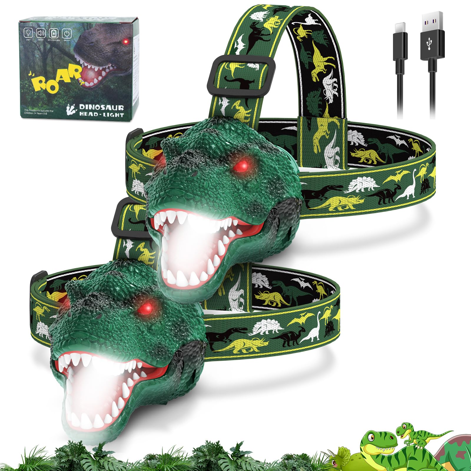 Nitigo Dinosaur Headlamp for Kids Flashlight 2 Pack, Rechargeable Led ...