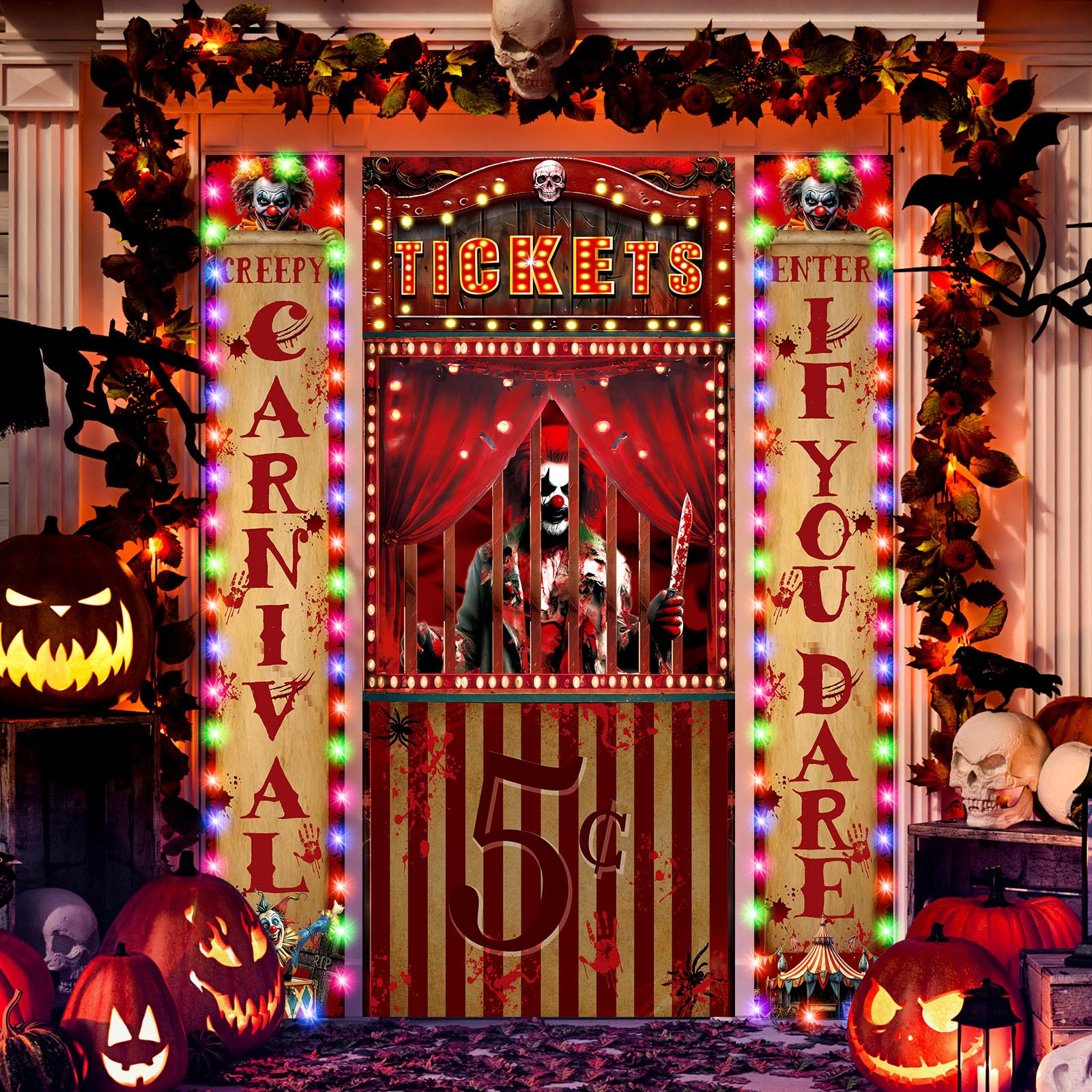 Amazon.com: Tranqun 3 Pcs Halloween Door Cover Clown and Lighted Porch ...