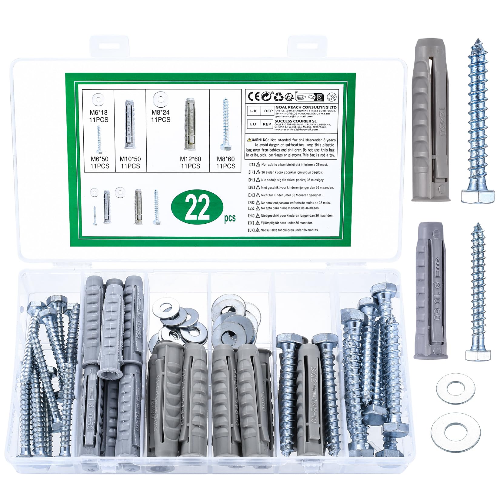 22 Concrete Screws and Wall Plugs Set, Heavy Duty Wall Fixings, Masonry ...