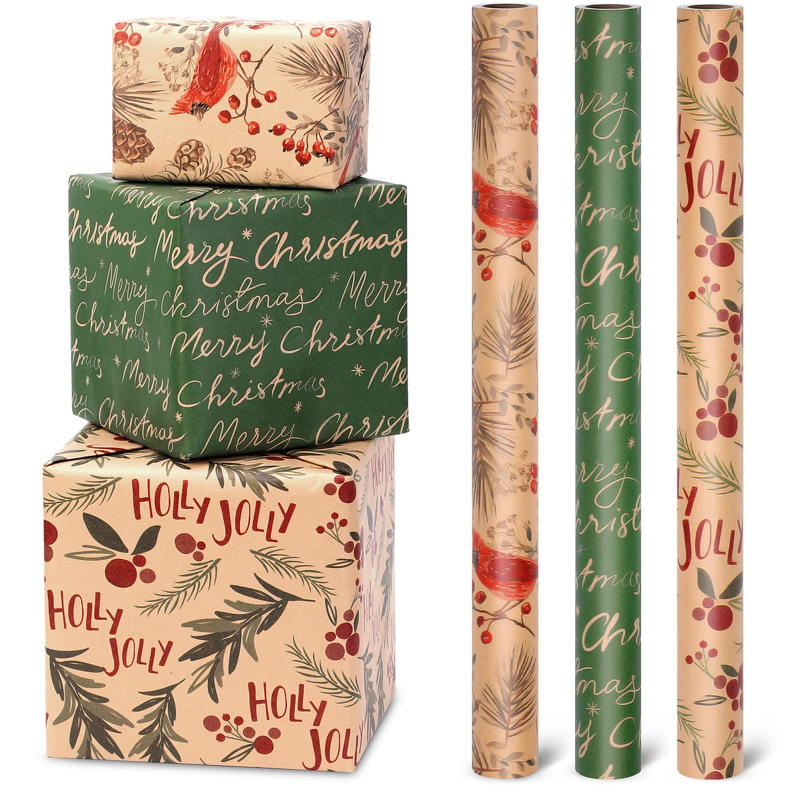 Amazon.com: 3 Roll Holly Berry Wrapping Paper Roll-Mini Roll-3Roll-17 ...