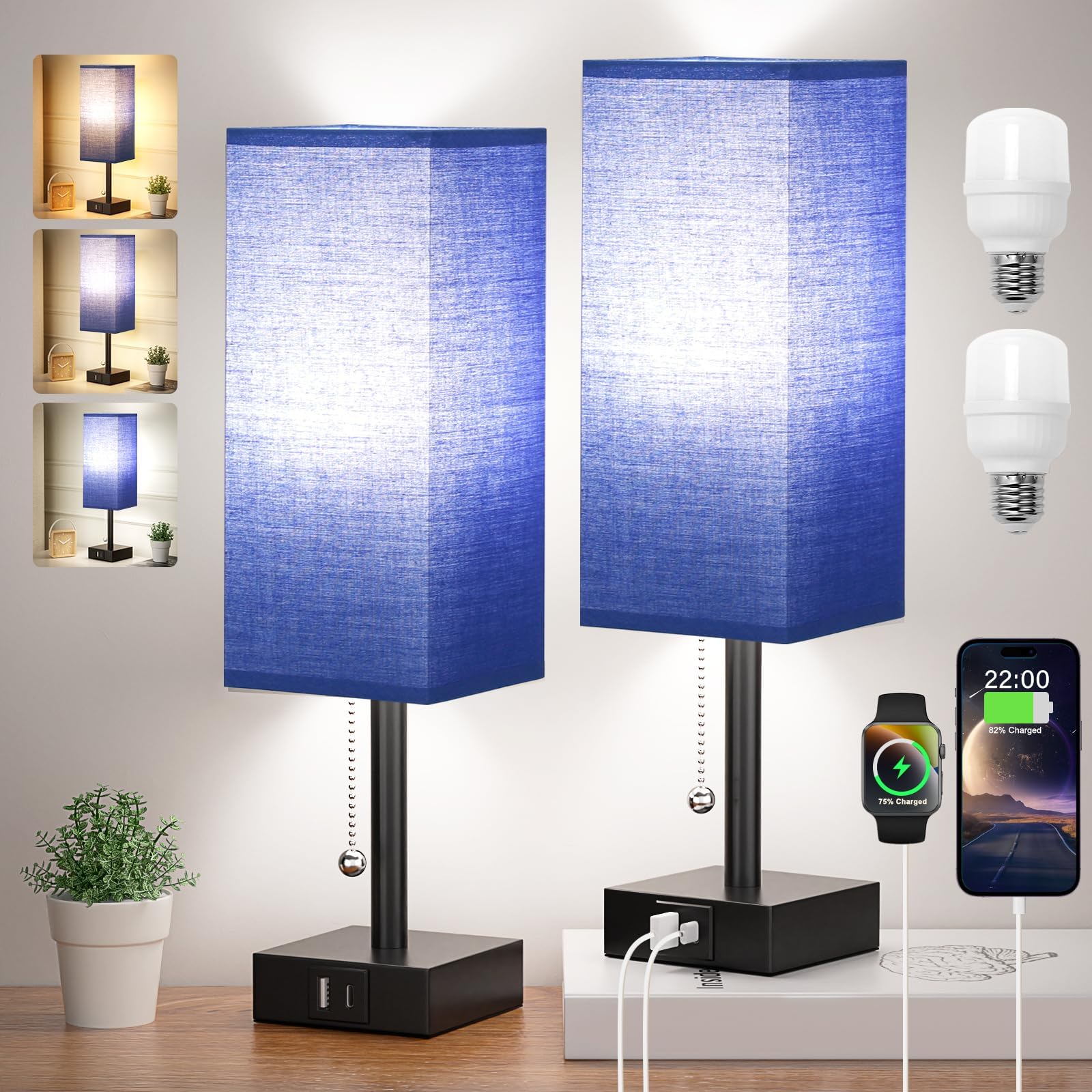 Bedside Table Lamps Set of 2 - White + Blue Bedroom Lamps with 3 Color ...
