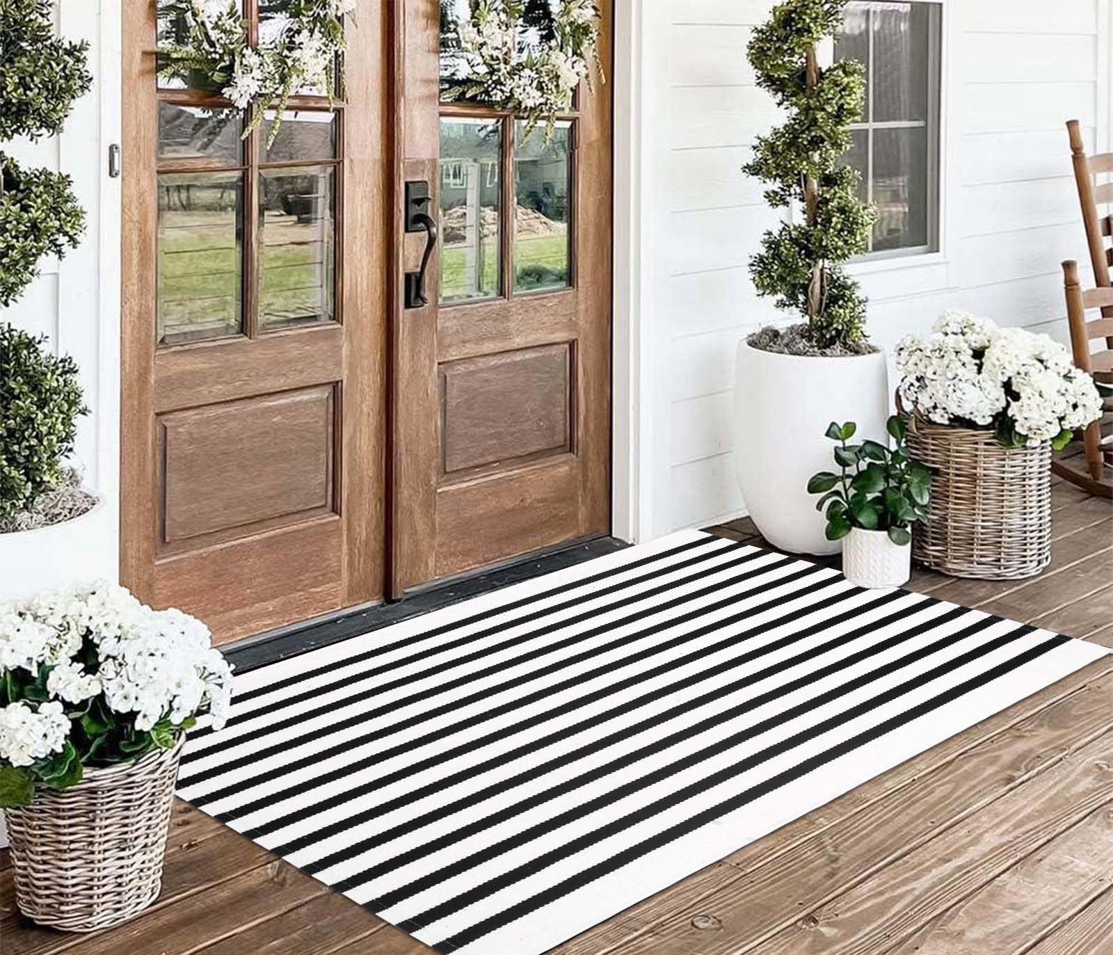 Amazon.com: Black and White Striped Rug 24'' x 51'' Front Porch Rug ...