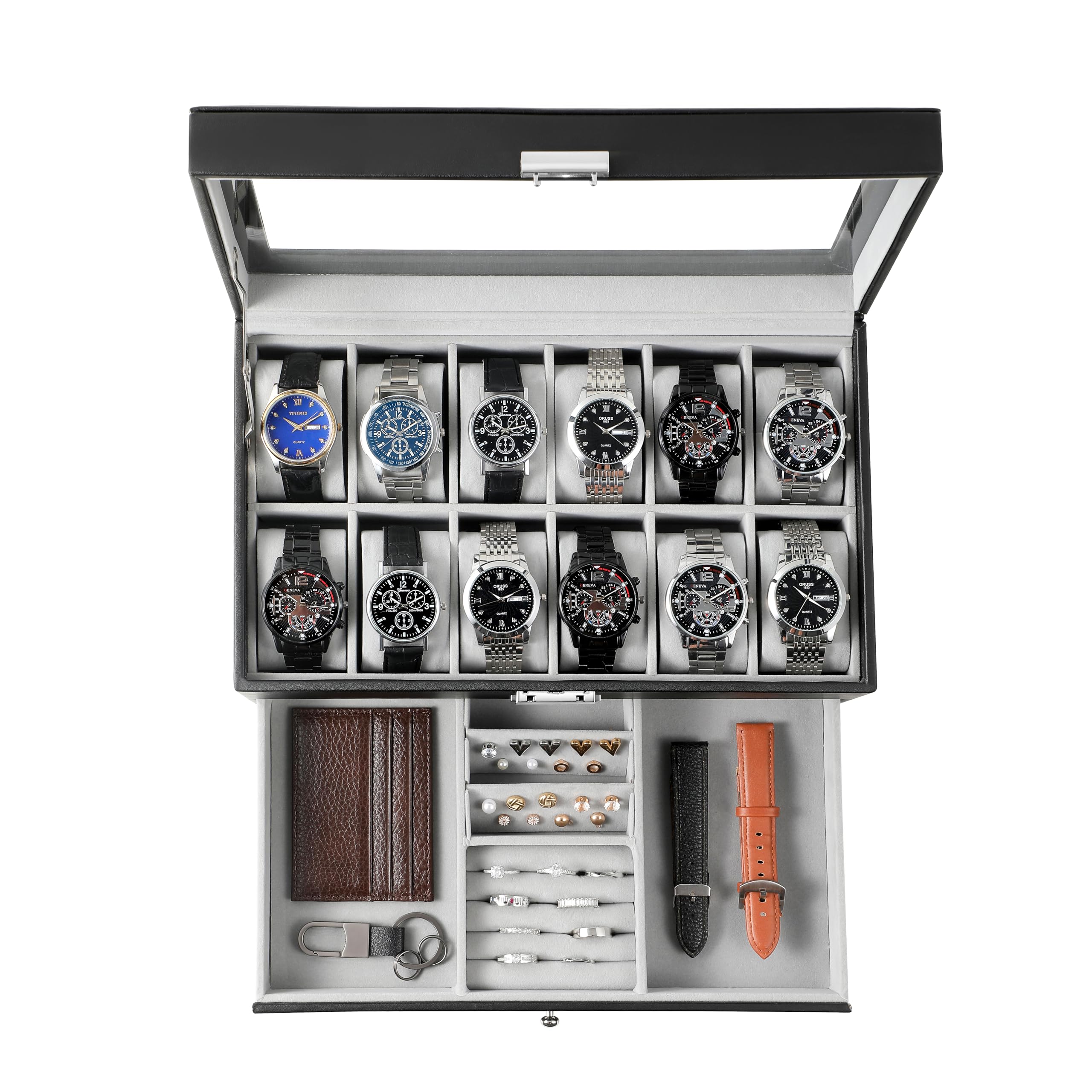 KILHS Watch Box for Men, 12 Slot Watch Case with Glass Lid, Lockable ...