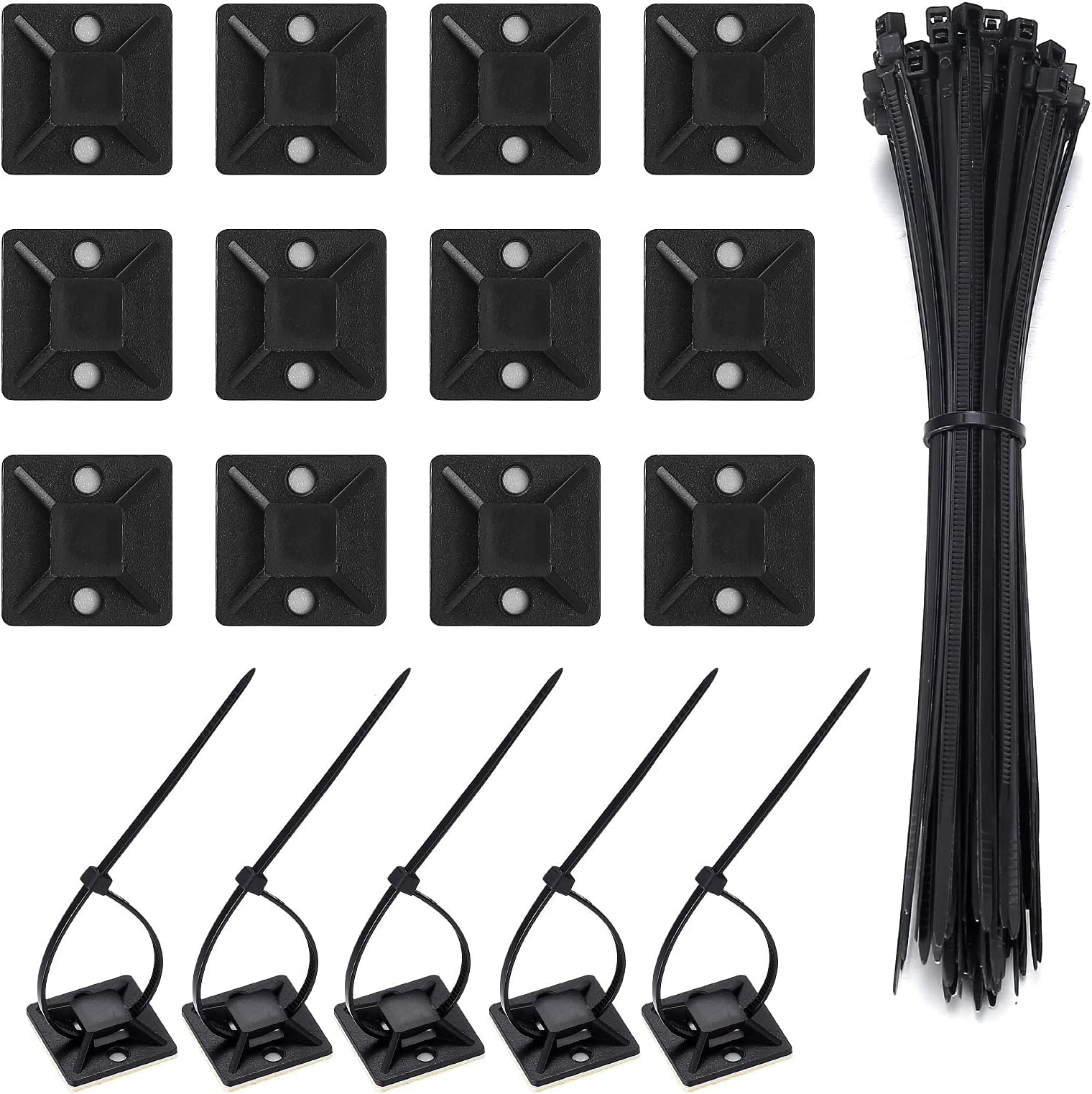 100 Pcs Cable Ties and Adheasive Mounts, 150mm x 3mm Black Nylon Zip ...