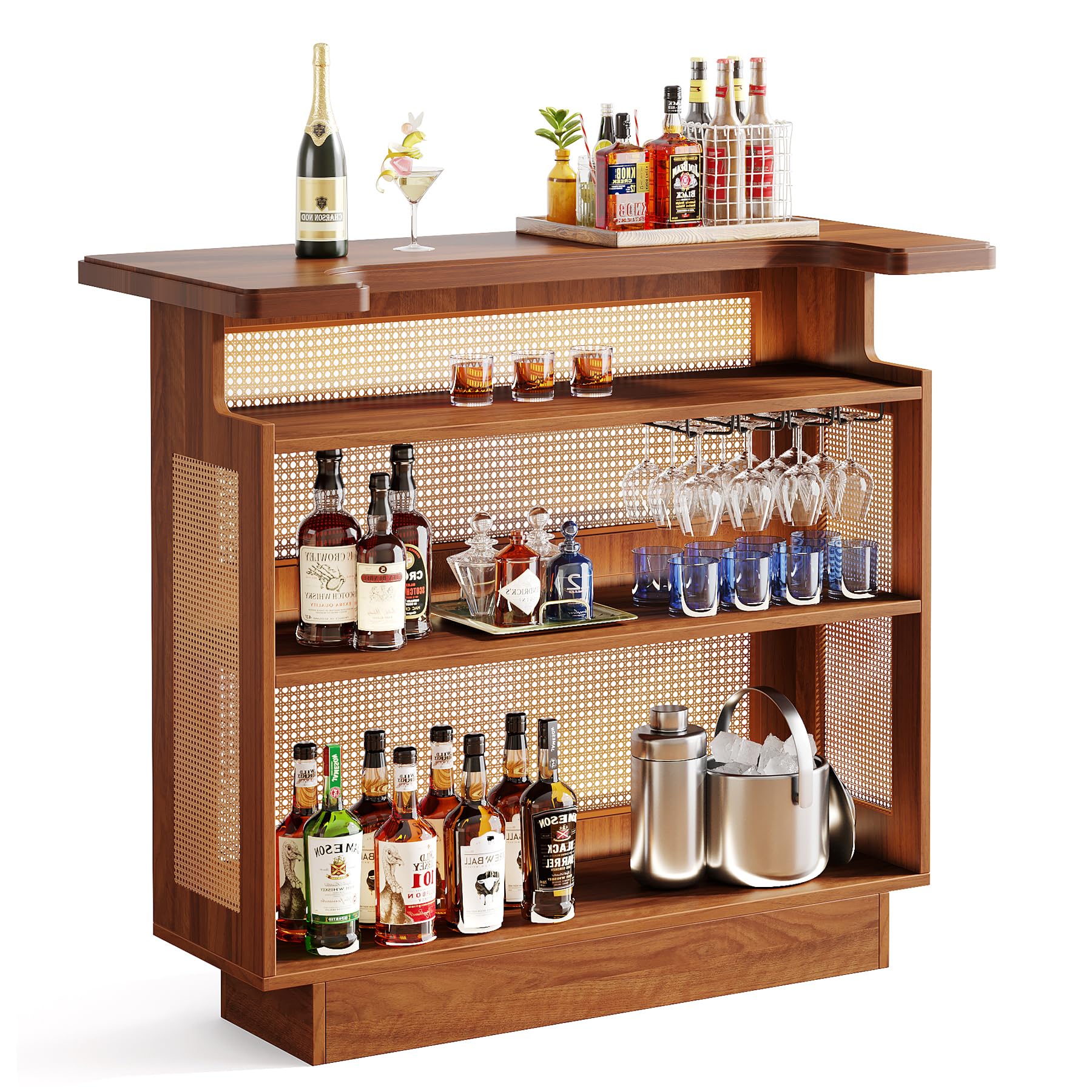 Amazon.com: LITTLE TREE Rustic Home Bar Unit, Rattan Bar Table with 4 ...