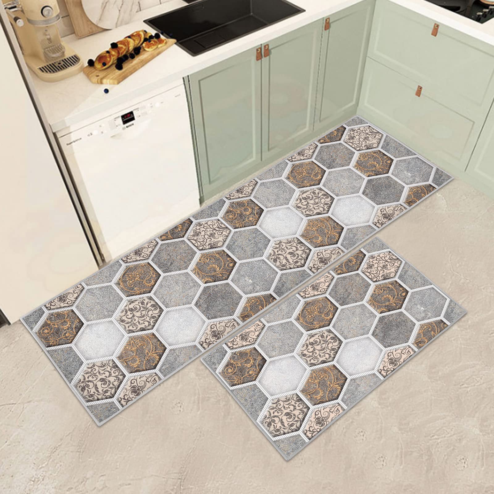 Kitchen Mat Sets Non slip Washable, Kitchen Rugs Runner Set of 2 Anti ...