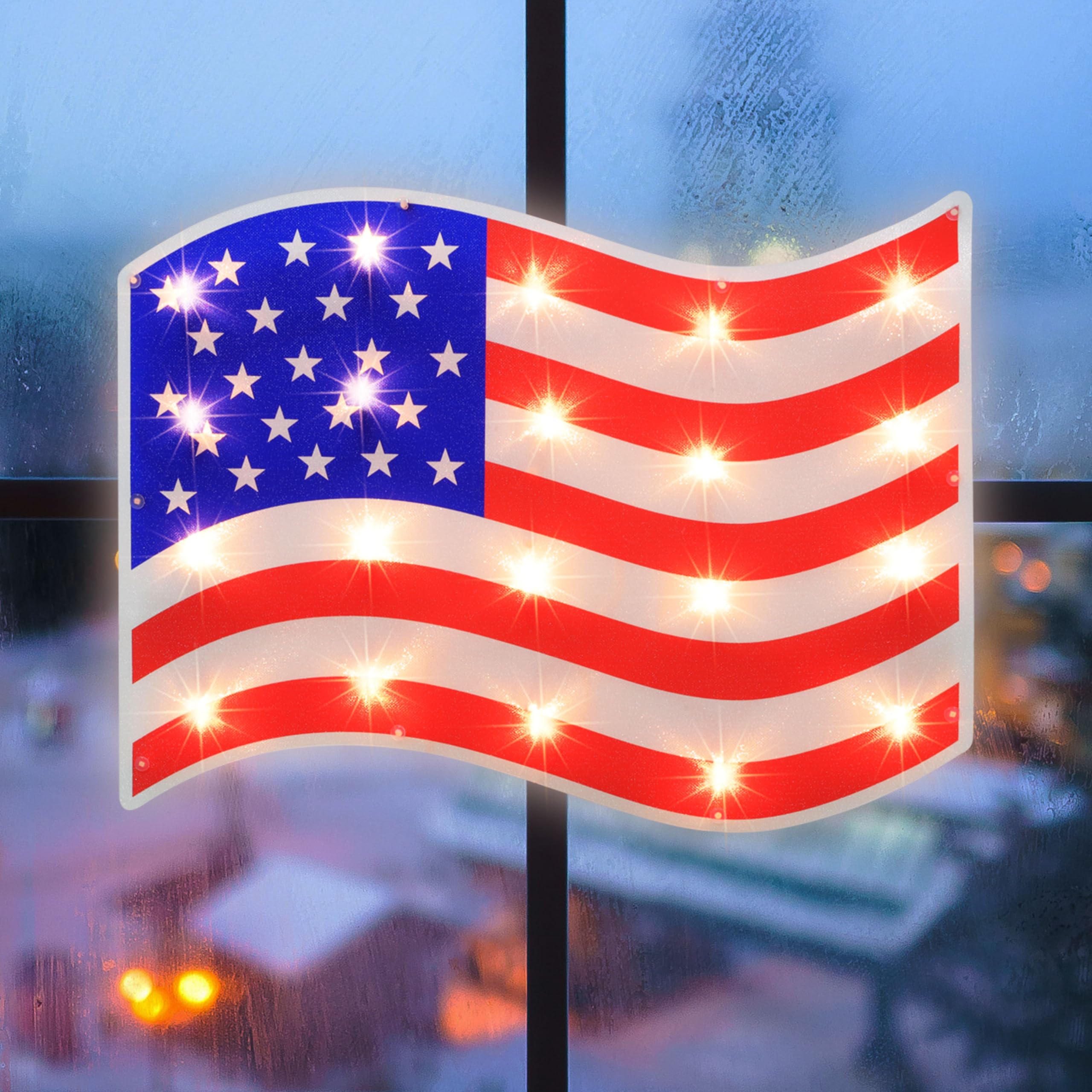American Flag Lighted Window Decoration ALPINE® Solar Metal USA Flag